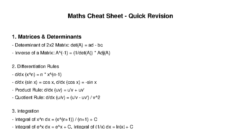 Maths Cheat Sheet Revision: Key Concepts & Formulas - Studocu