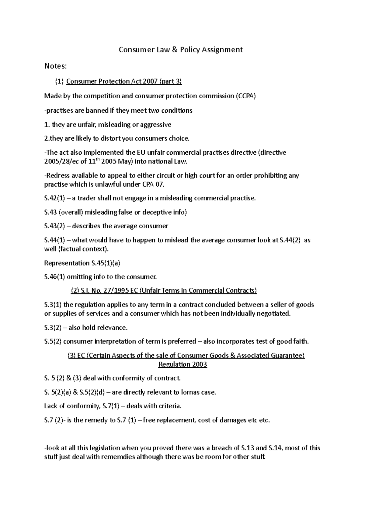 Consumer Law - Lecture Notes 3: Key Concepts and Case Studies - Studocu