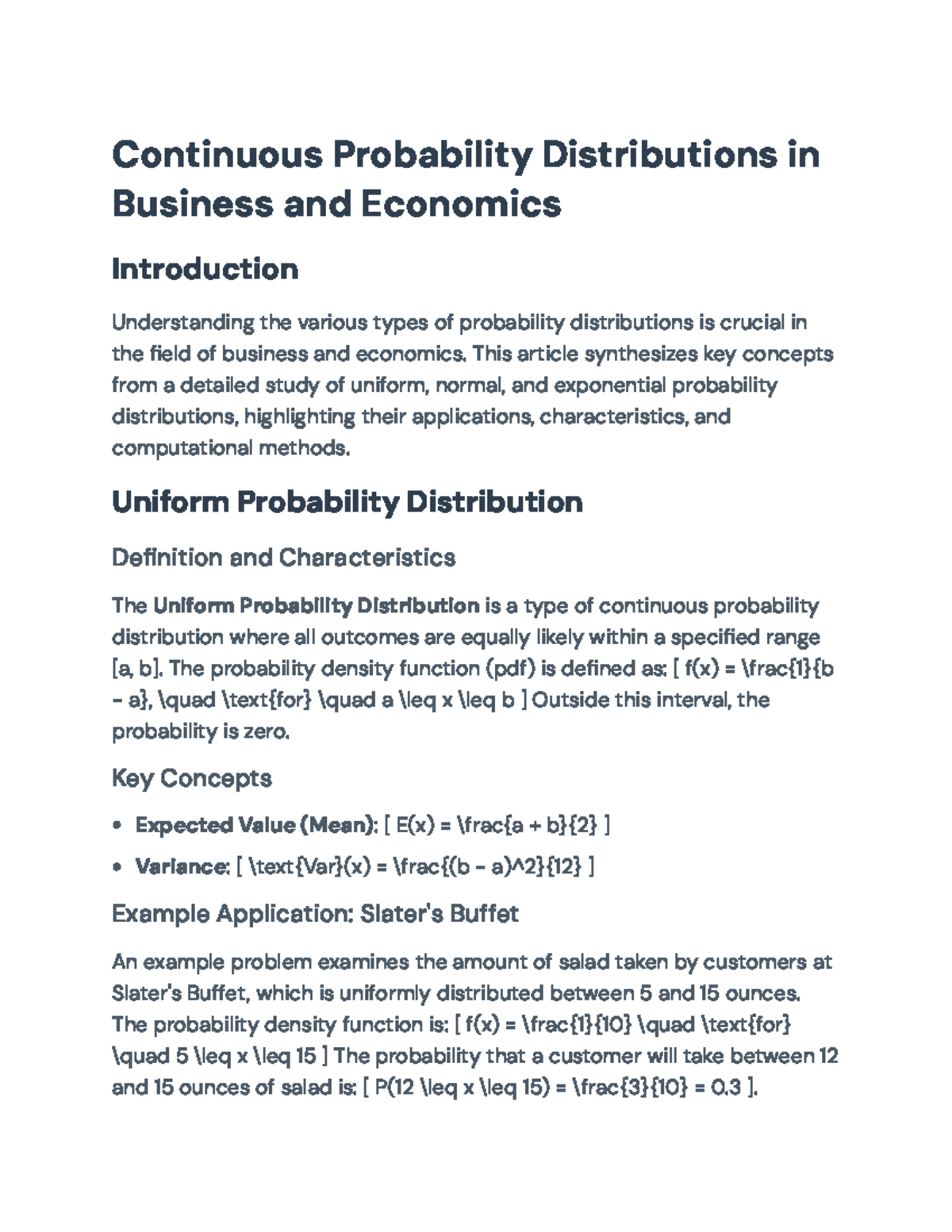 Continuous Probability Distributions in Business & Economics Analysis ...