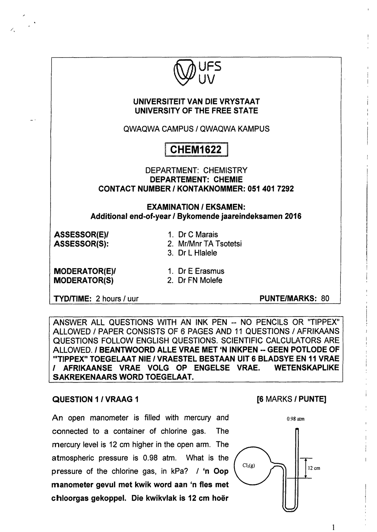 UFS 321Z3CW Chemistry Final Exam 2016 - Qwaqwa Campus - Studocu