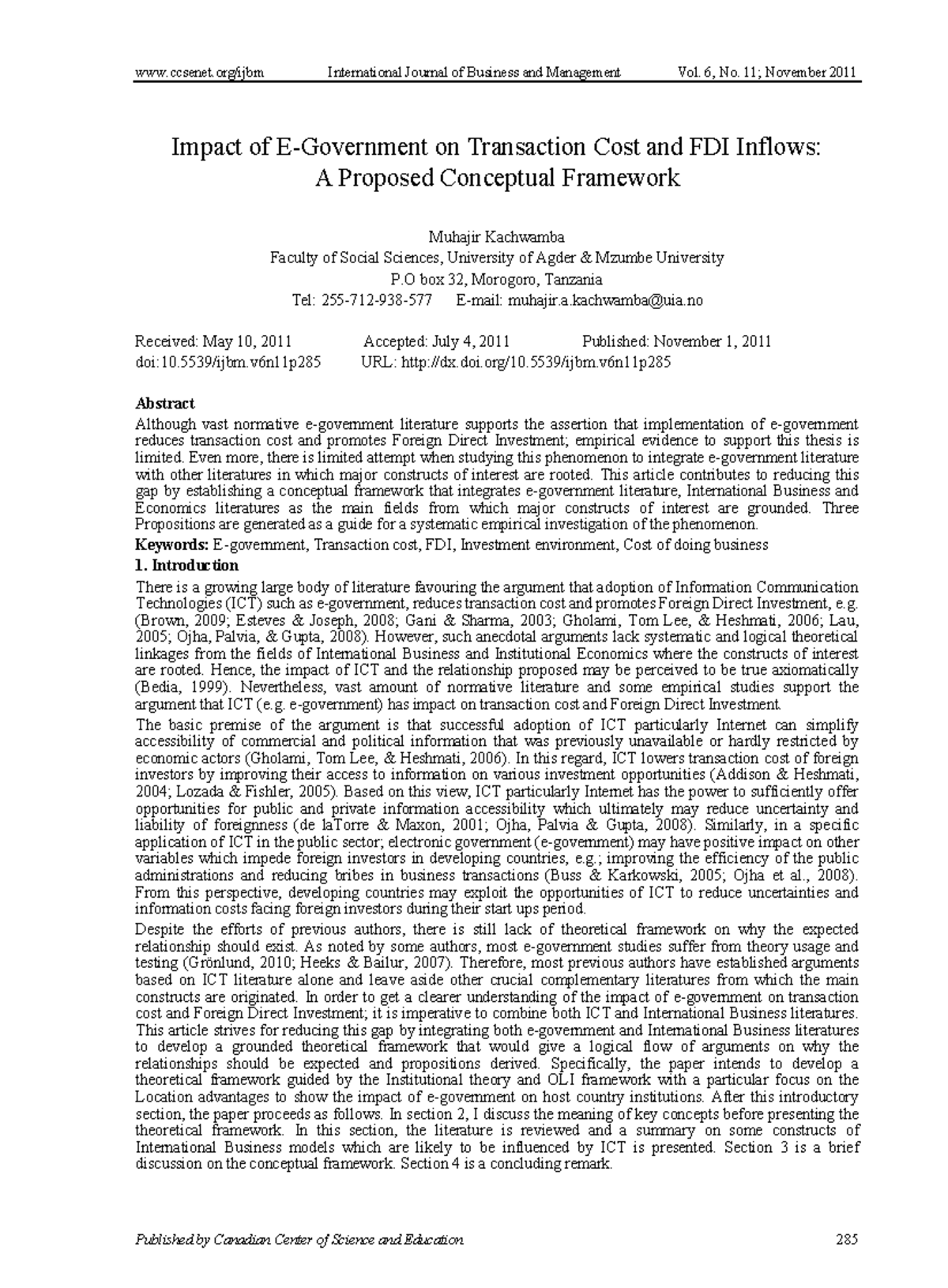 Impact of E-Government on Transaction Costs & FDI: A Conceptual ...