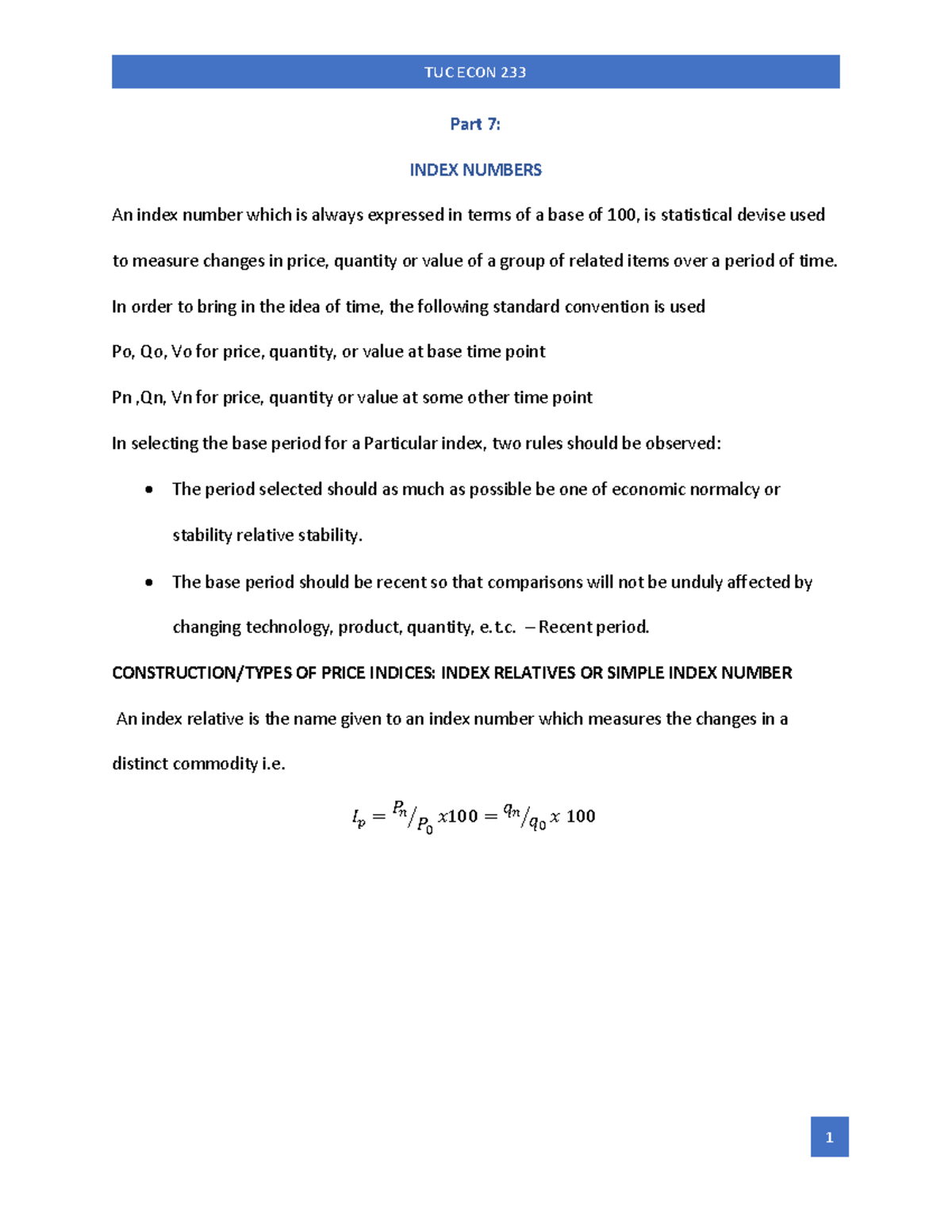 Part 7 Index numbers - very useful - Part 7: INDEX NUMBERS An index ...