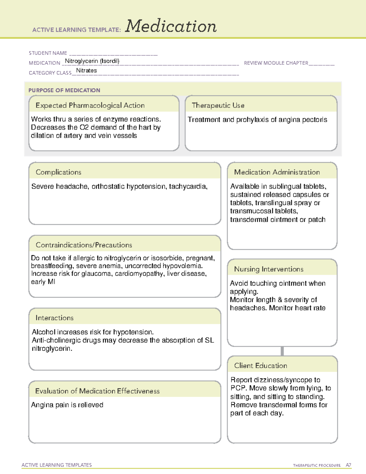ATI Nitroglycerin (Isordil) Med Sheet - ACTIVE LEARNING TEMPLATES ...