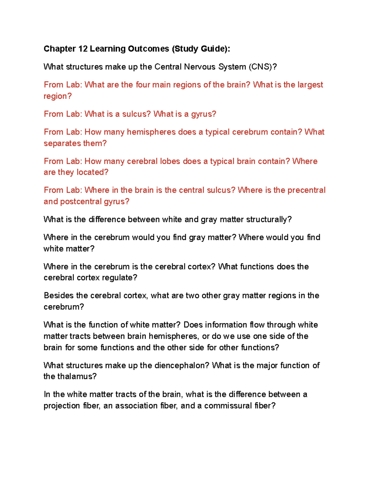 Central Nervous System: Study Guide for Chapter 12 (CNS) - Chapter 12 ...