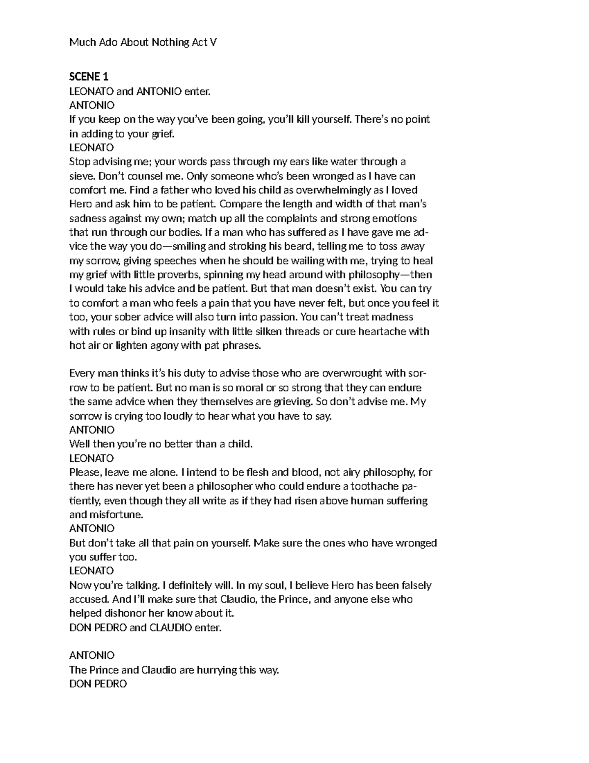 Much Ado About Nothing (ENG 201) Act V Practice Script - Studocu
