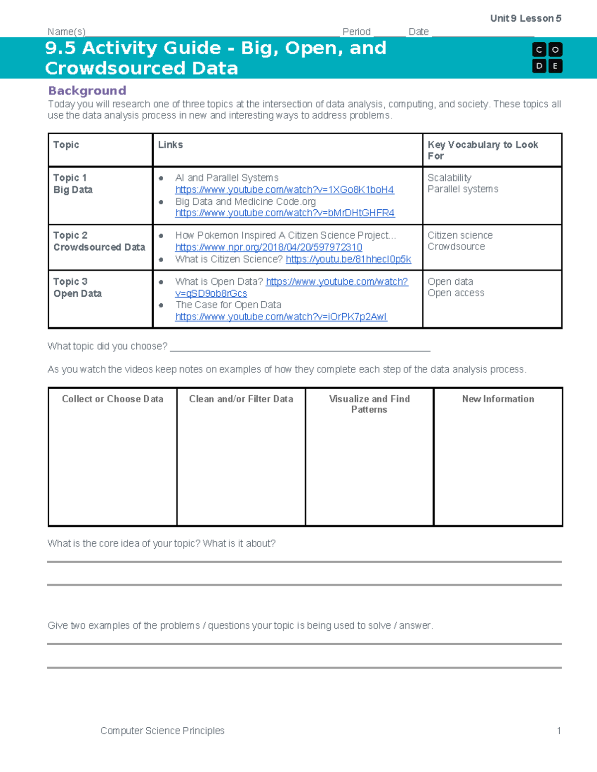 5.5 Activity Guide Code.org - Unit 9 Lesson 5 Name(s