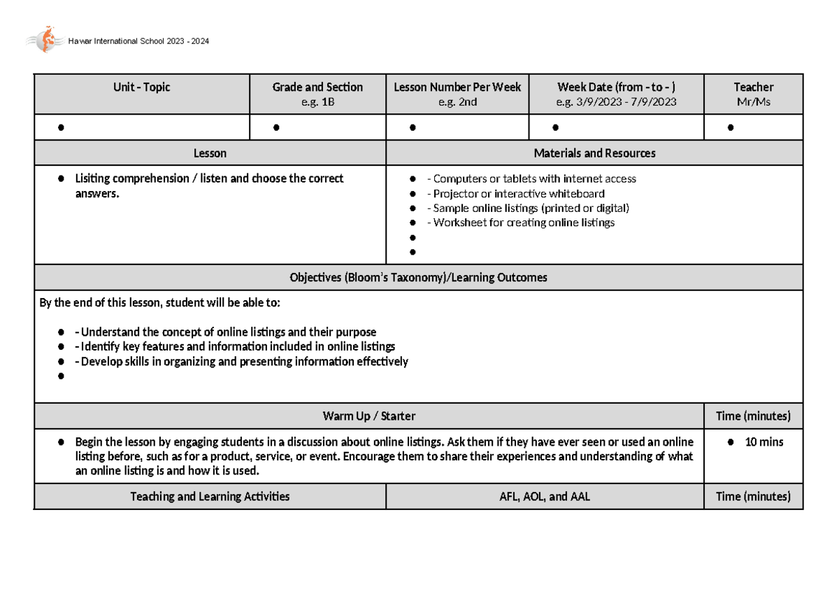 English Lesson Plan Template - Unit - Topic Grade and Section e. 1B ...