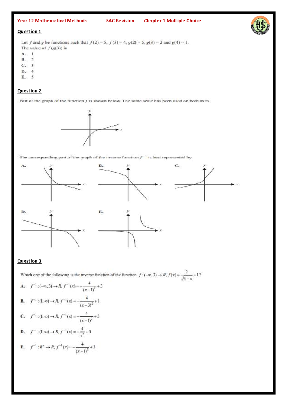 Chapter 1 MChoice - Practice MCQ - Unit 3/4 - Year 12 Mathematical Methods SAC Revision Chapter ...