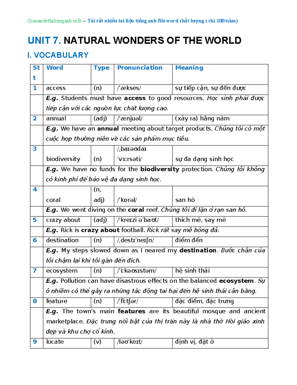 Unit 7: Natural wonders of the world vocabulary and grammar notes (TA9 ...