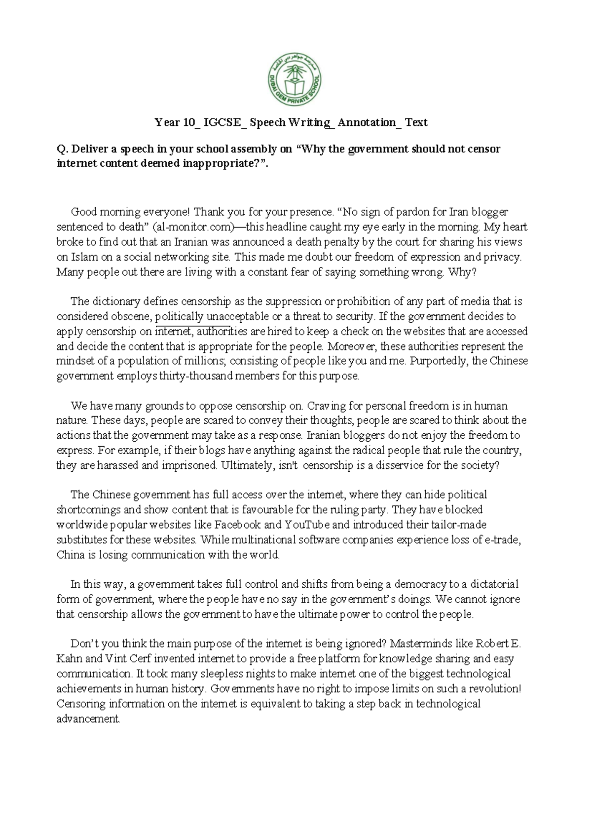 IGCSE Year 10 Speech Writing: Censorship and Freedom of Expression ...