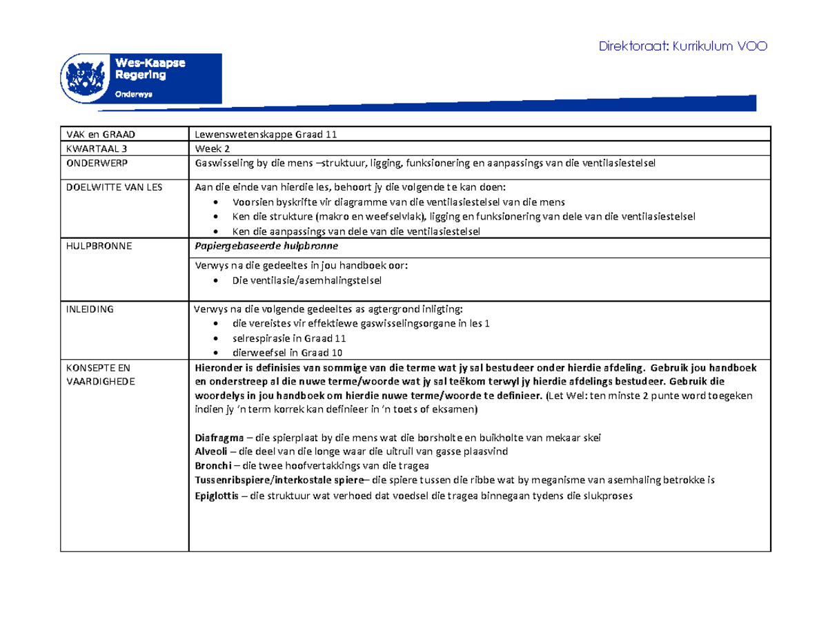 Lewenswetenskappe Graad 11 Kwartaal 3 Week 2: Asemhalingstelsel en ...