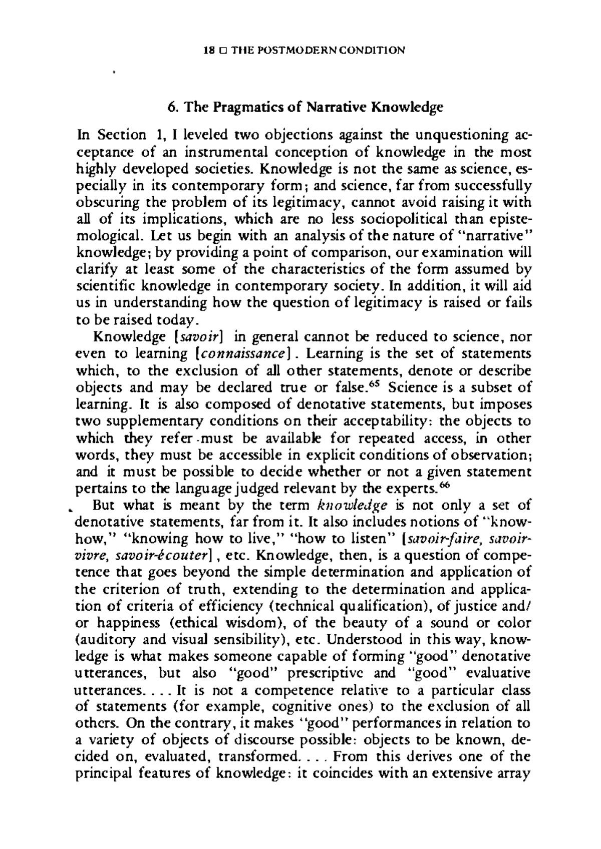 Postmodern Condition: The Pragmatics of Narrative Knowledge (Course 180 ...