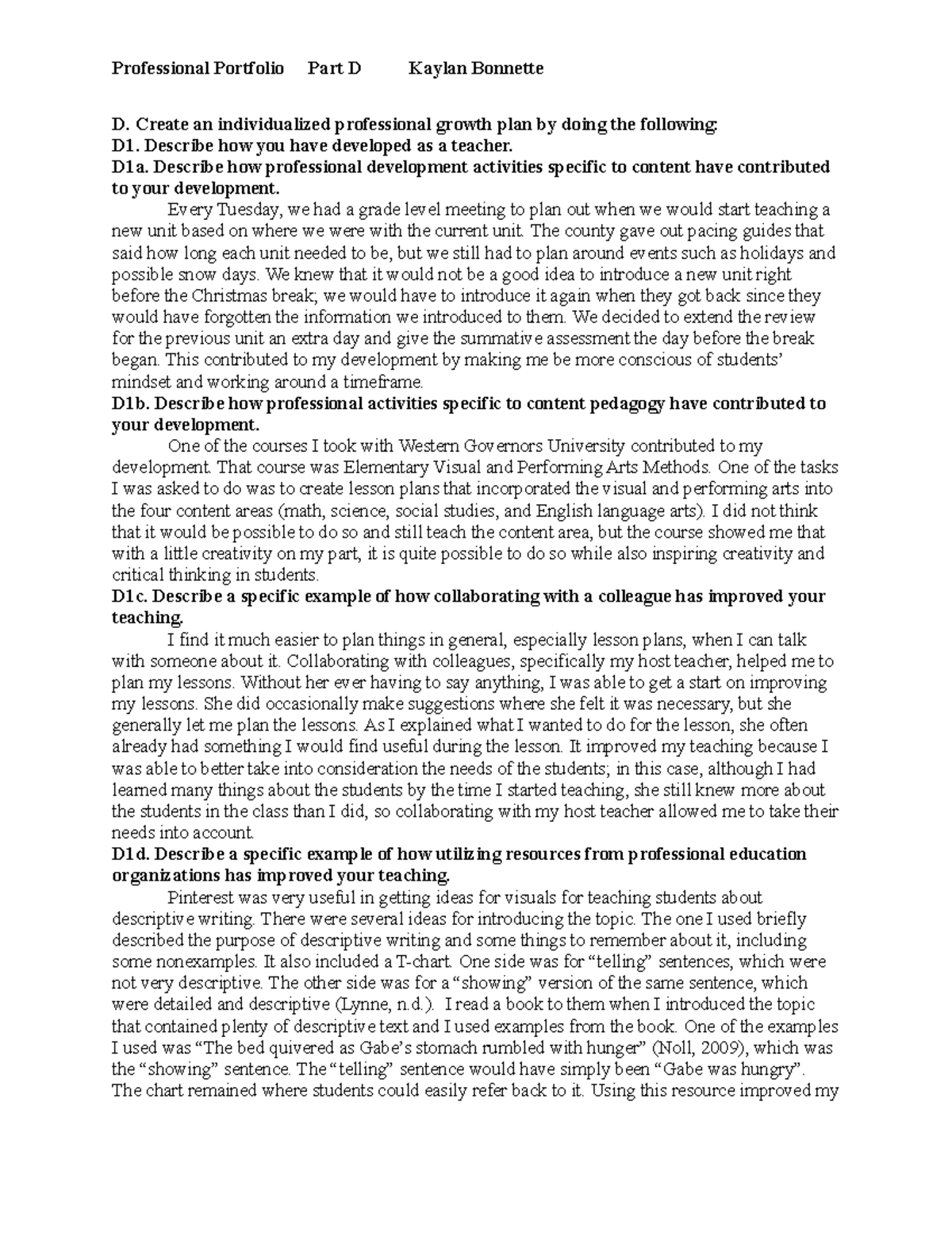 Professional Portfolio D: Growth Plan for Teacher Development - Studocu