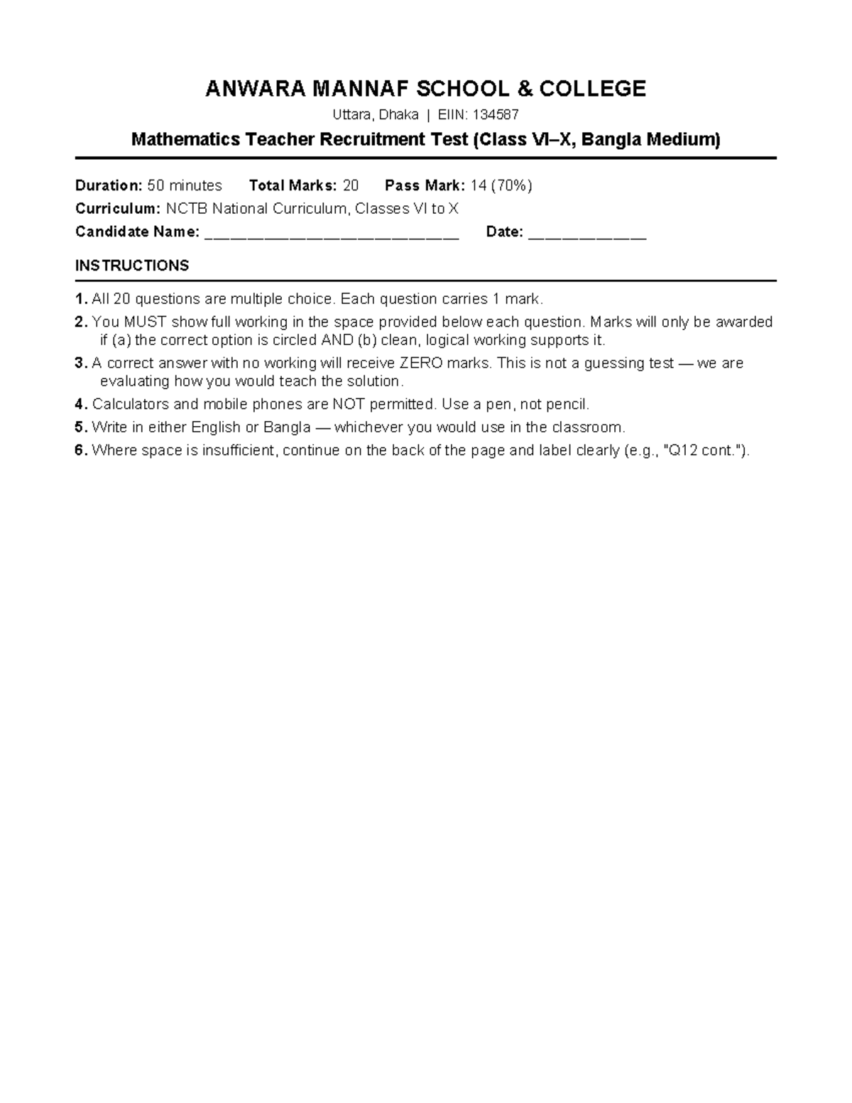 Mathematics Teacher Recruitment Test (Class SSC) - 50 Min - Studocu