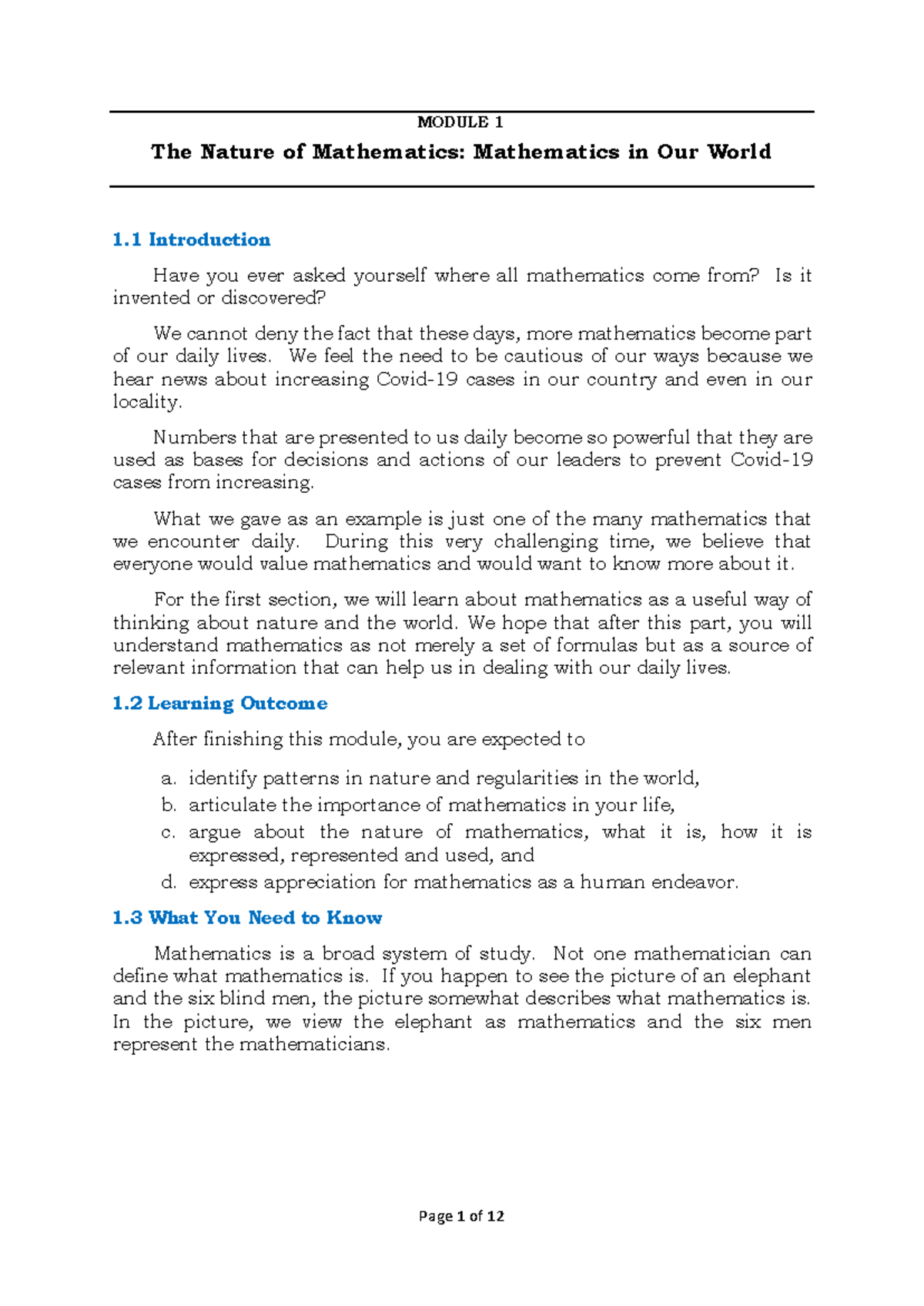 GEC 3 Module 1 - MATHEMATICS IN THE MODERN WORLD - MODULE 1 The Nature ...