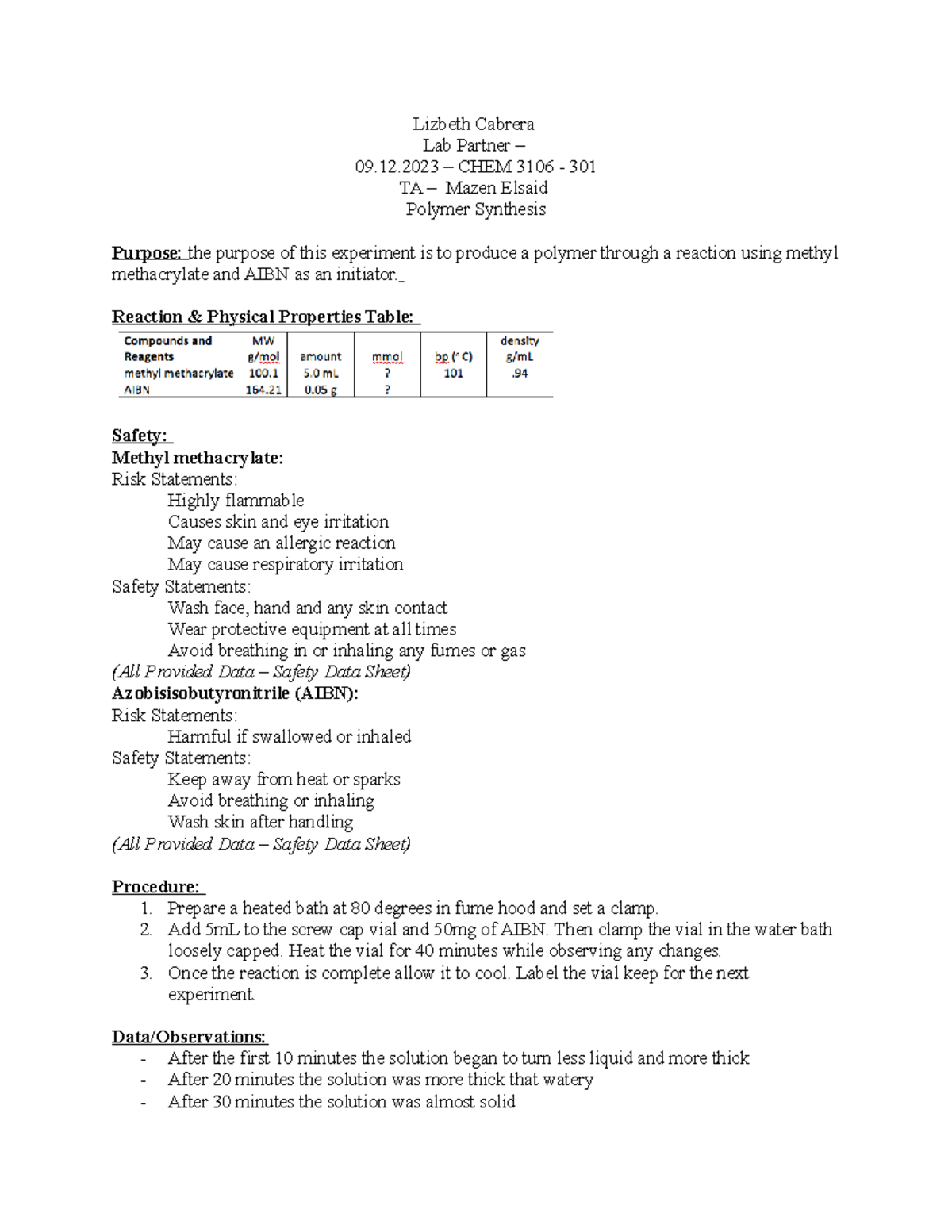 Experiment 2 - Lab Report - Lizbeth Cabrera Lab Partner – 09.12 – CHEM ...