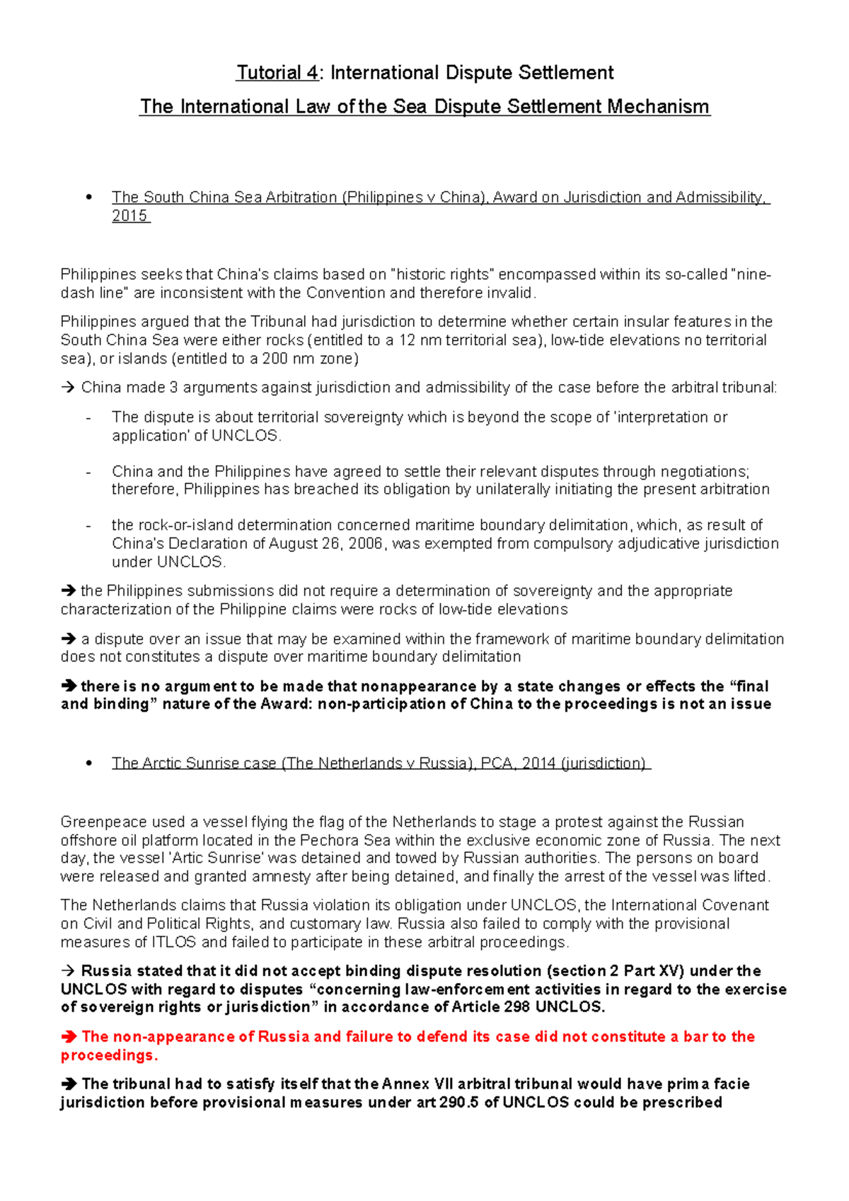 International Dispute Settlement: Tutorial 4 - Assignment 4 Notes ...