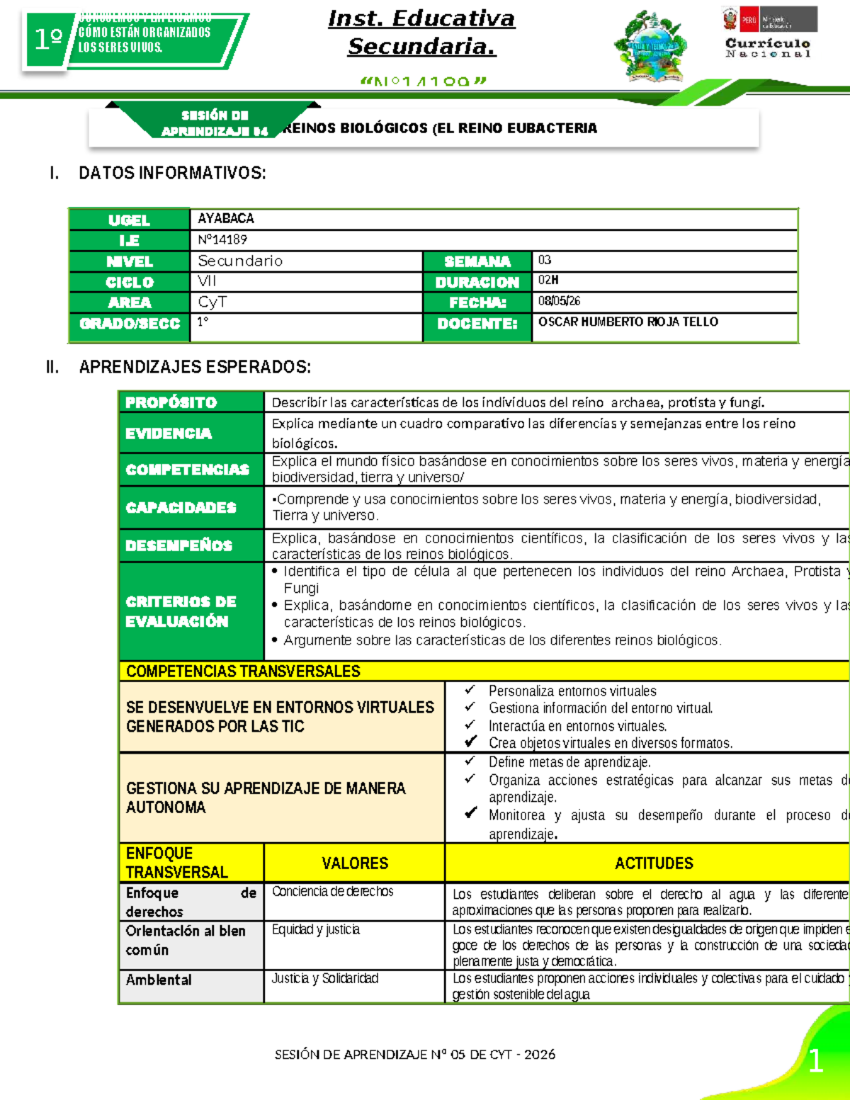 1º Inst. Educativa Secundaria: Organización de los Seres Vivos - Sesión ...