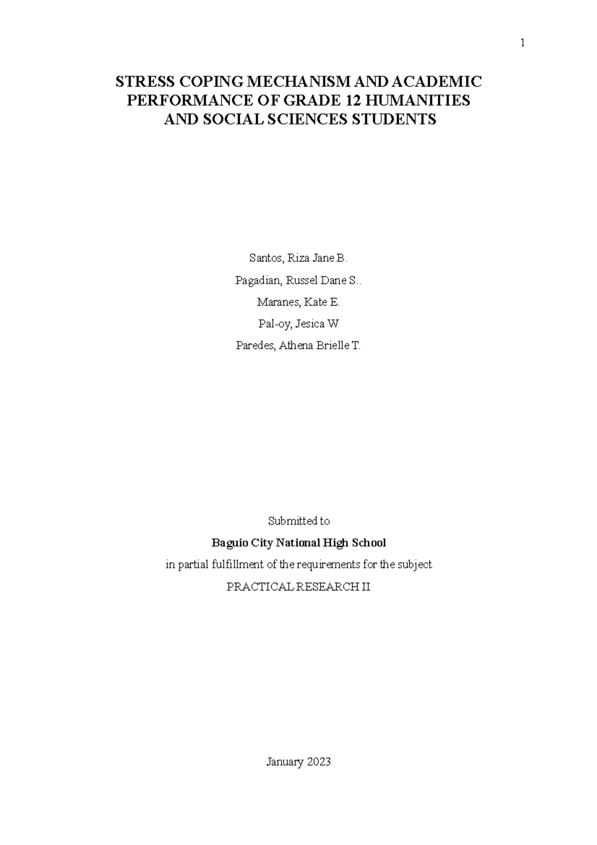 HUMSS 1 Chapter 1: Stress Coping Mechanisms & Academic Performance ...