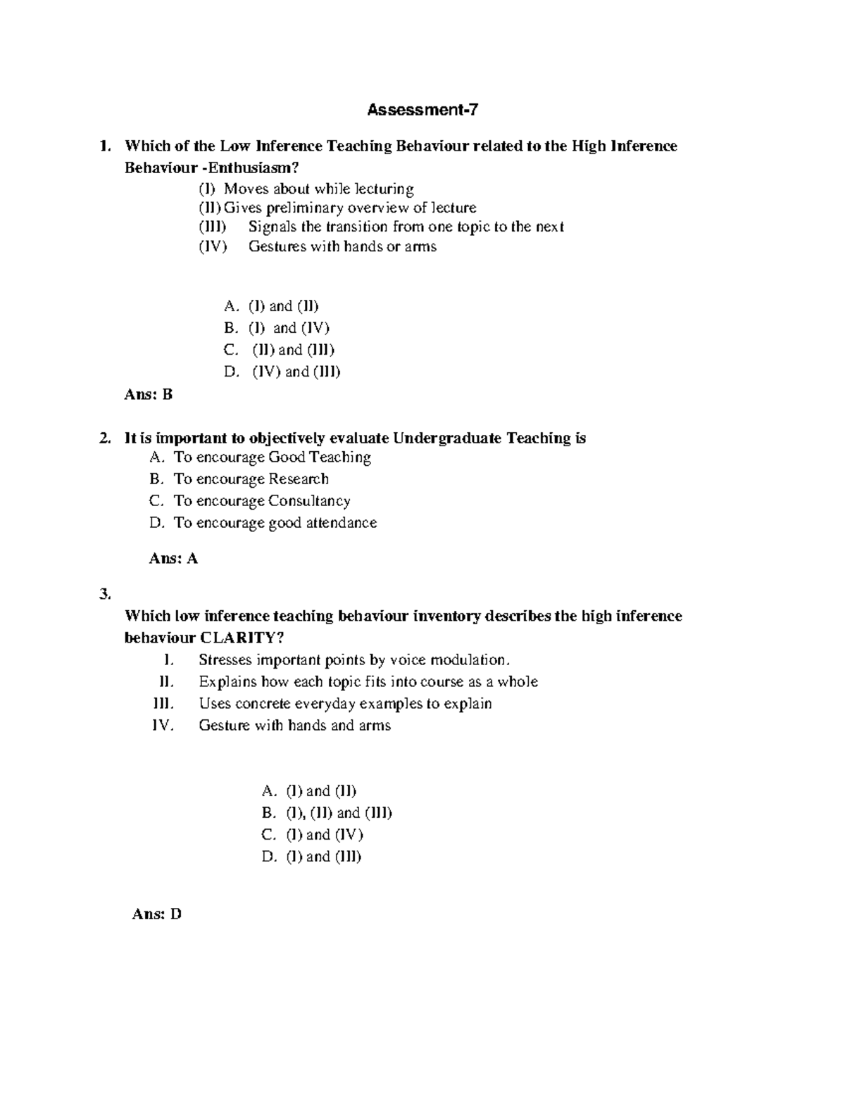 Assessment-7: Teaching Behaviours & Effectiveness Quiz - Studocu