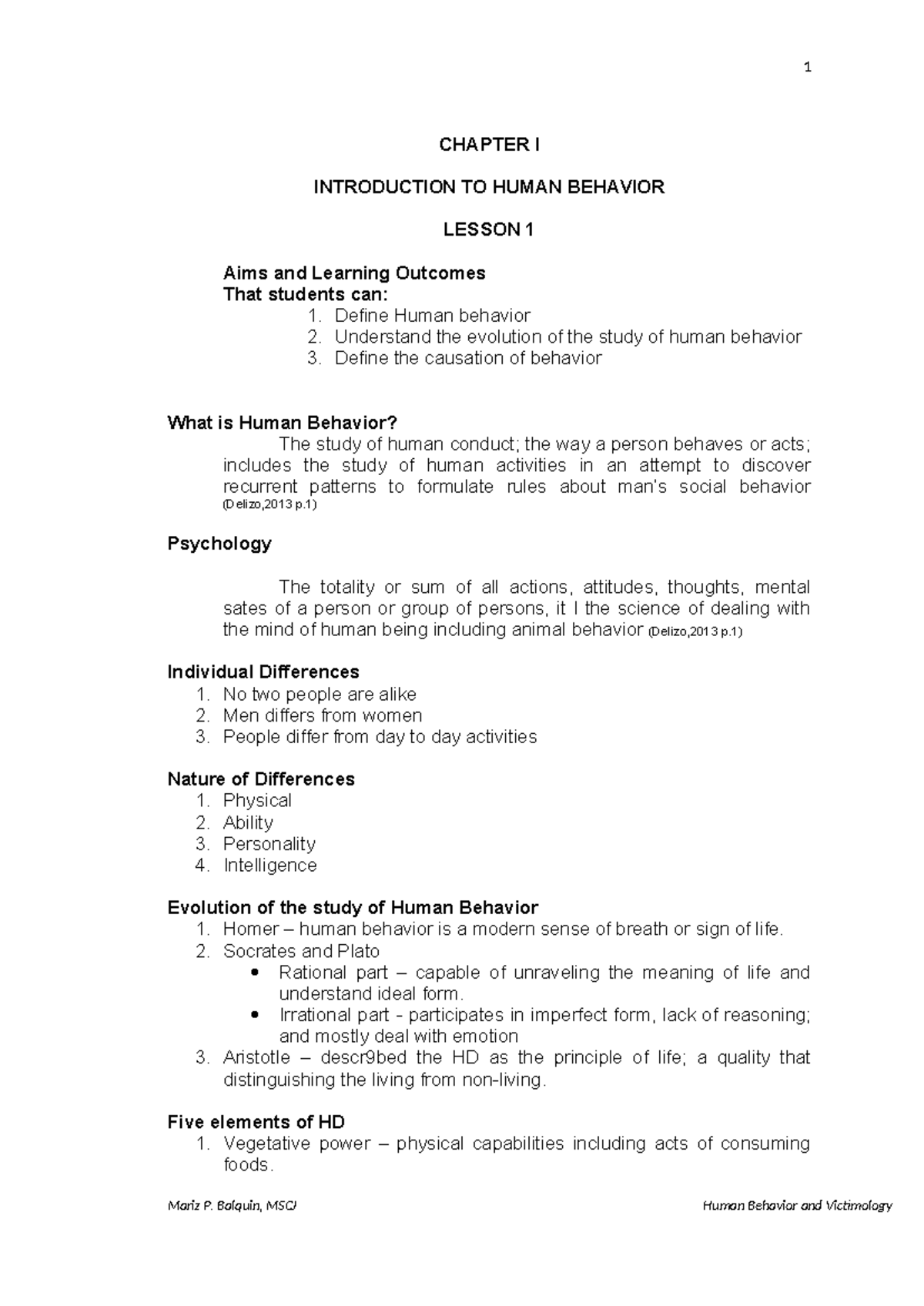 Human Behavior AND Victimology - CHAPTER I INTRODUCTION TO HUMAN ...