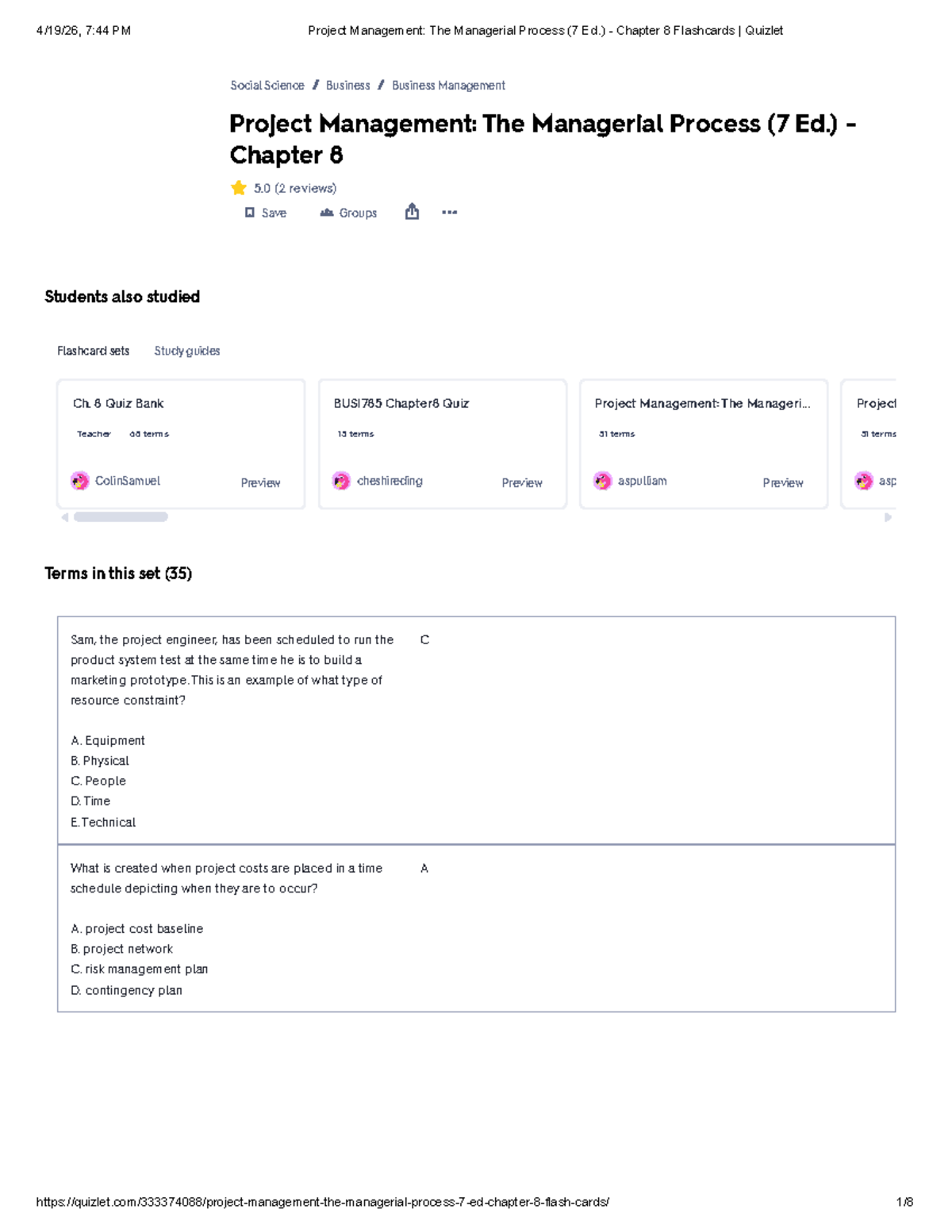 Project Management: The Managerial Process (7 Ed.) Chapter 8 Flashcards ...