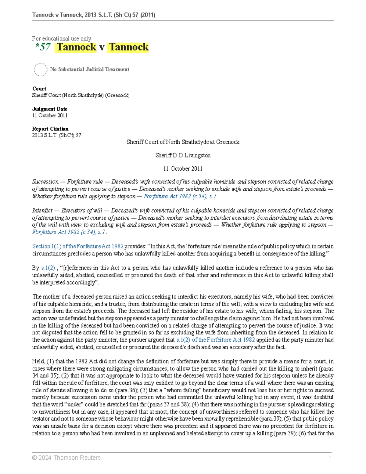 Tannock v Tannock: Forfeiture Rule and Estate Distribution Analysis ...