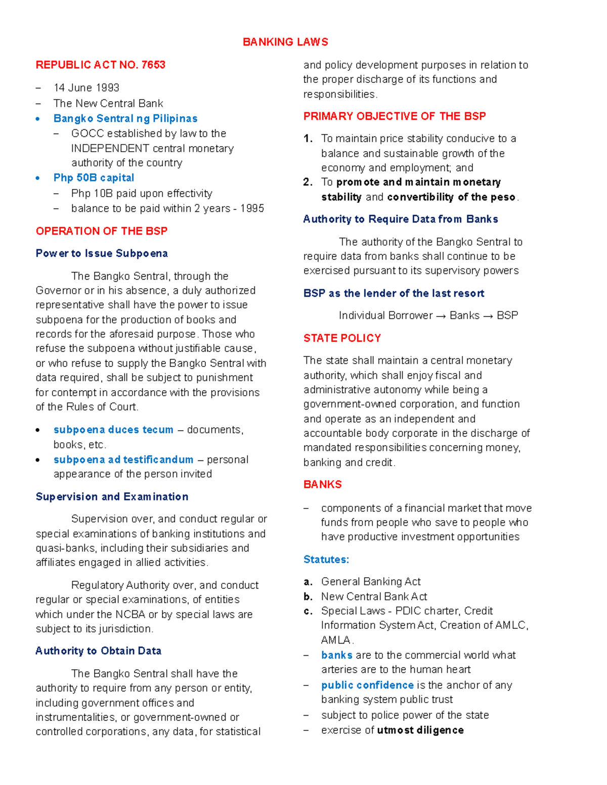 BANKING LAWS: RA 7653 & BSP Regulations Overview and Key Provisions ...