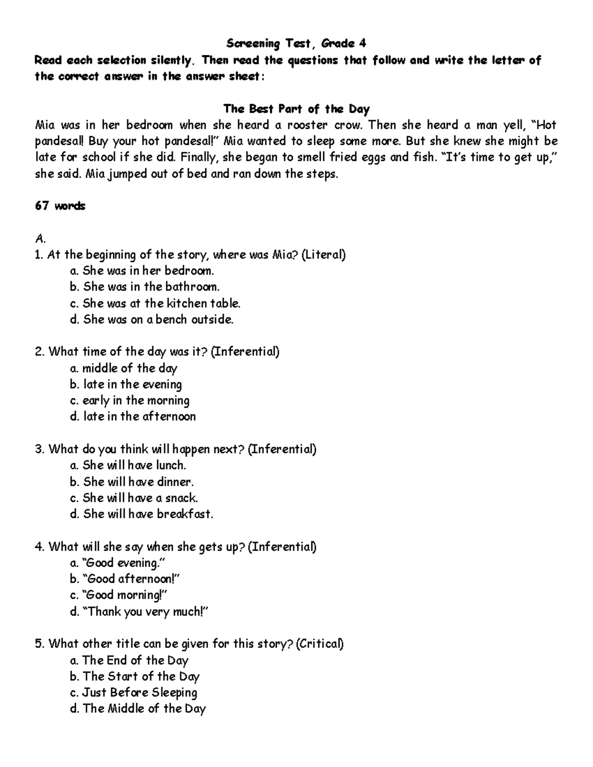 Phil Iri-English GST Screening Test for Grade 4 - Studocu