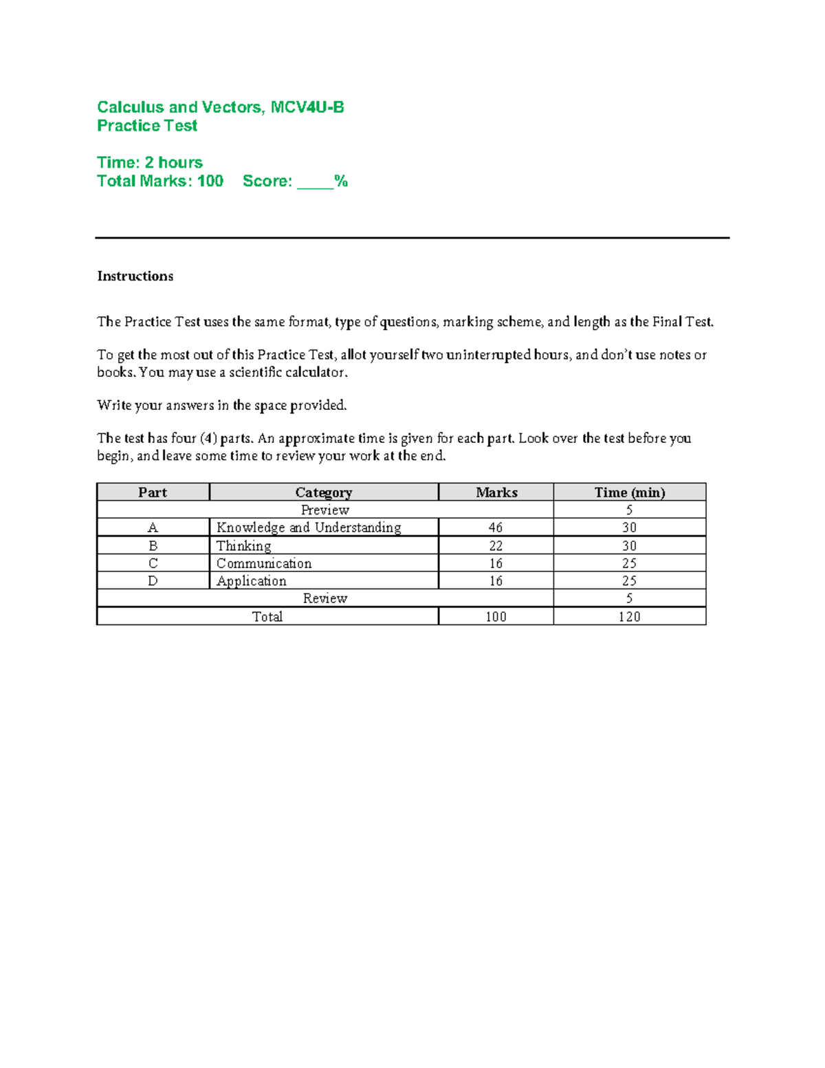 Calculus and Vectors MCV4U-B: Practice Exam Test - Studocu