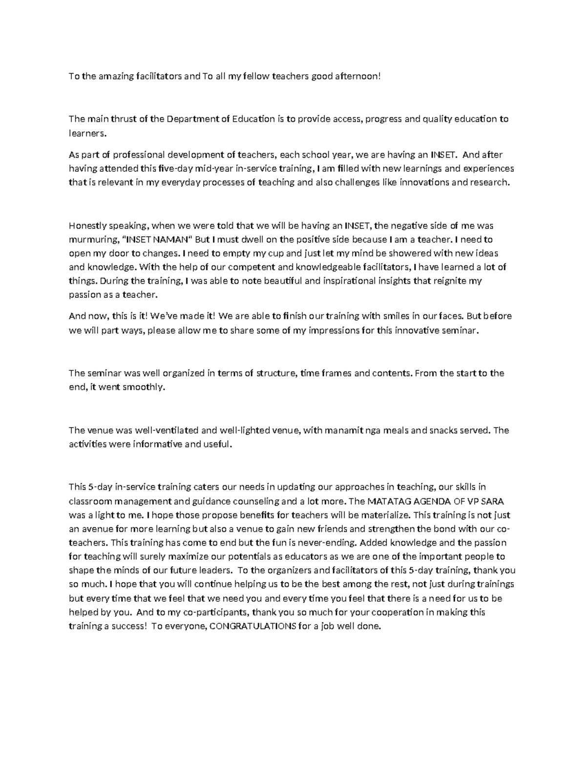 Insights from INSET - Reflections on In-service Training Experience ...