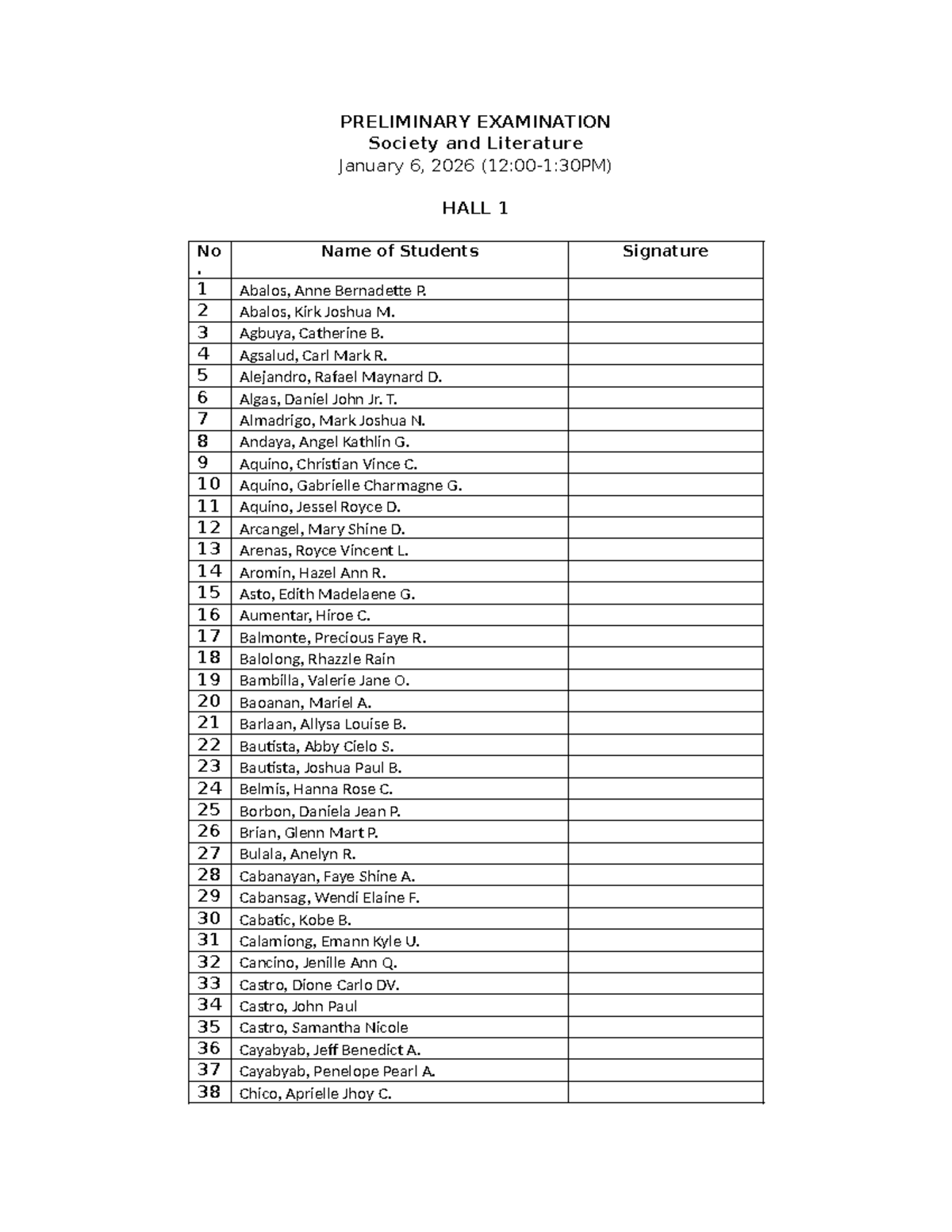 PRELIMINARY EXAMINATION: Society and Literature (Jan 6, 2026) - Studocu