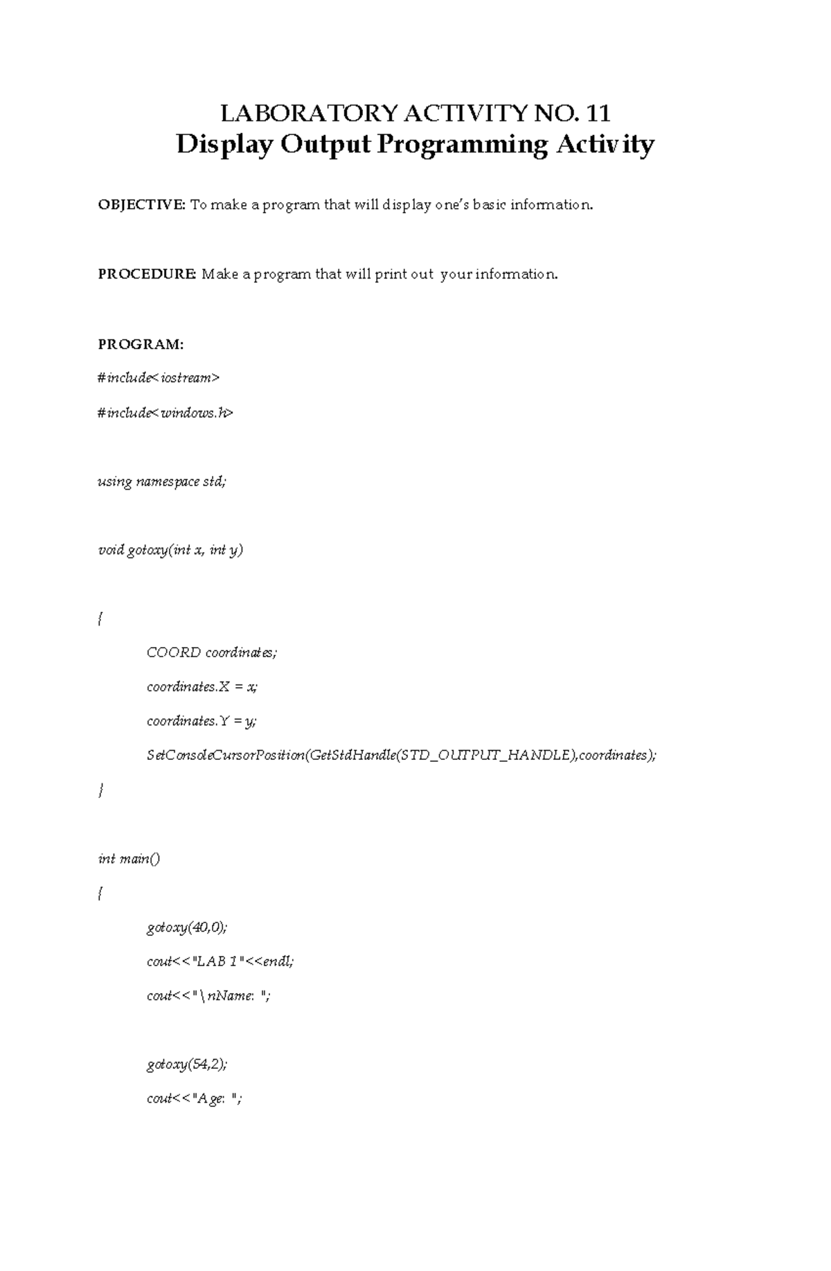 Display Output Programming Activity - Computer Fundamentals and Programming - PangSU - Studocu