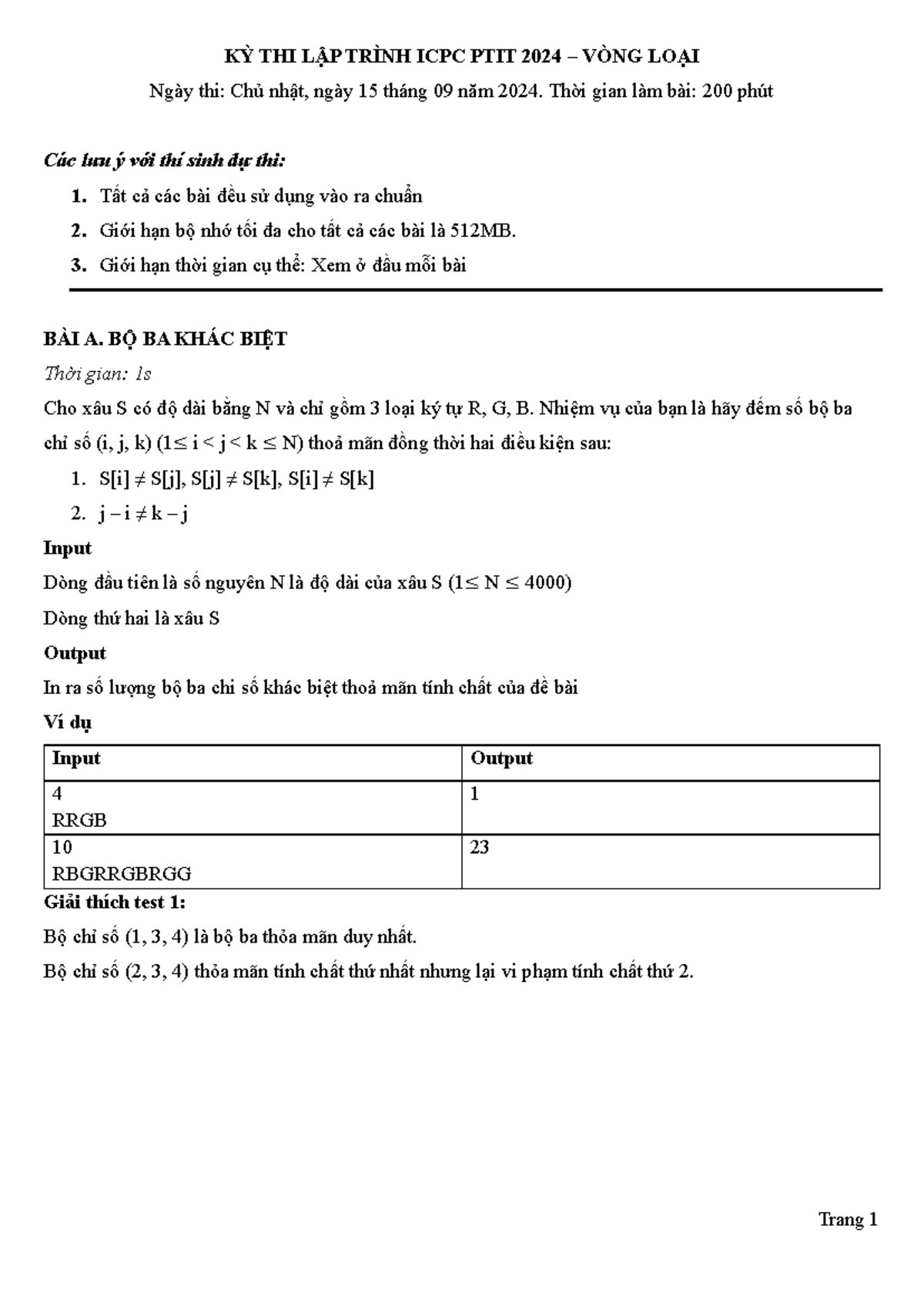 ĐỀ THI ICPC PTIT 2024 - VÒNG LOẠI CHI TIẾT CÁC BÀI TẬP - Studocu
