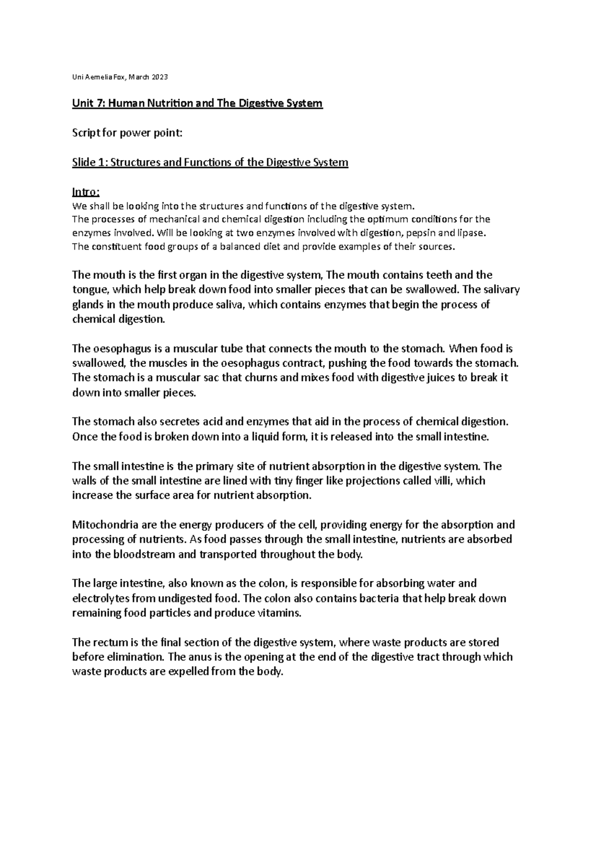 Unit 7 - Lecture Notes on Human Nutrition & Digestive System - Studocu