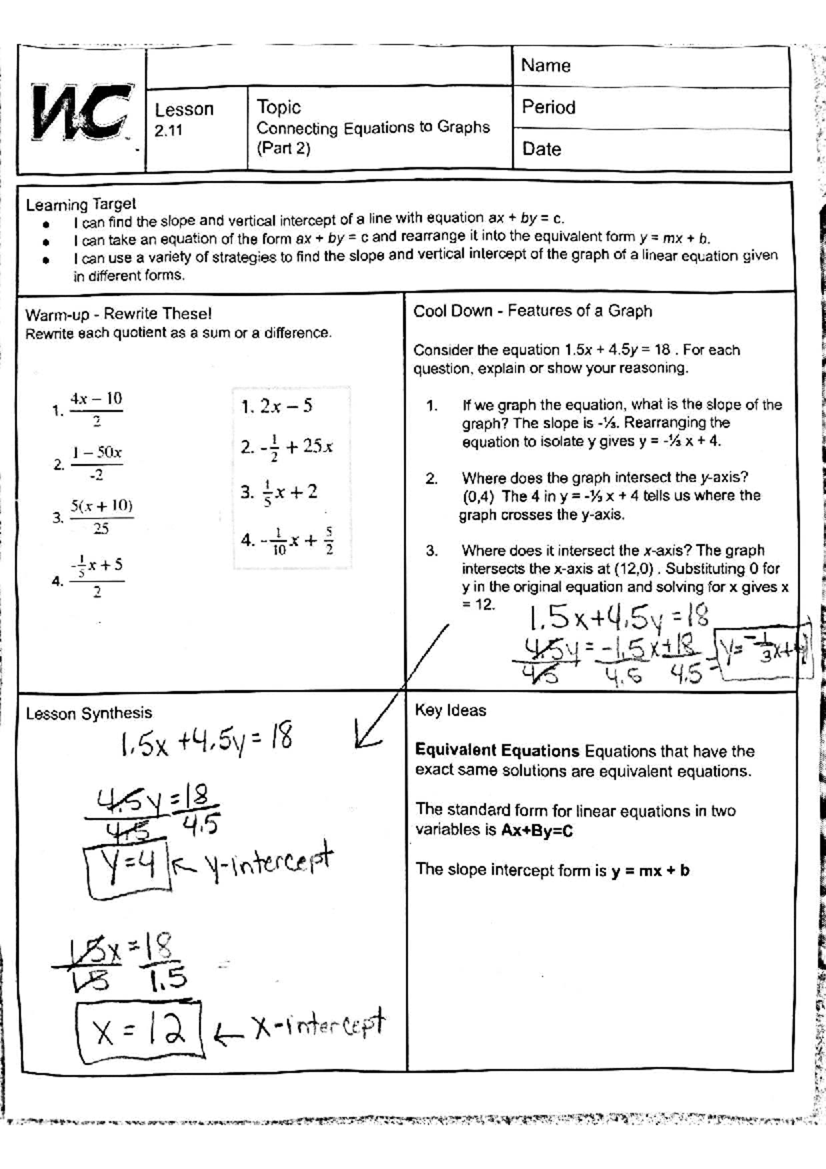 ИС Lesson 2.11: Connecting Equations to Graphs (Part 2) - Studocu