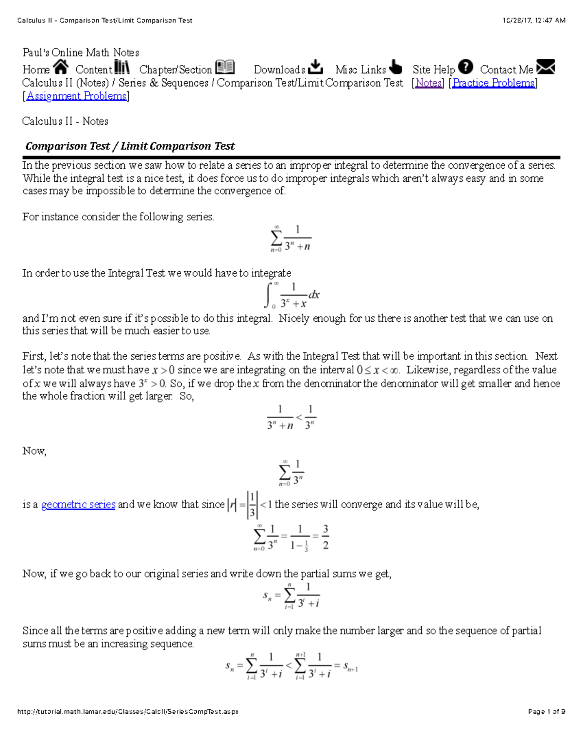 Calculus II - Comparison Test & Limit Comparison Test Notes - Studocu