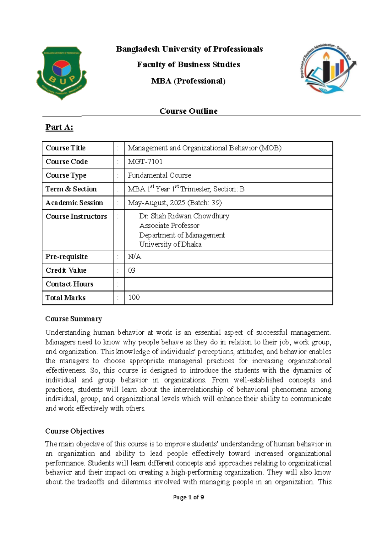 MBA 1st Year Course Outline: Management & Organizational Behavior (MOB ...