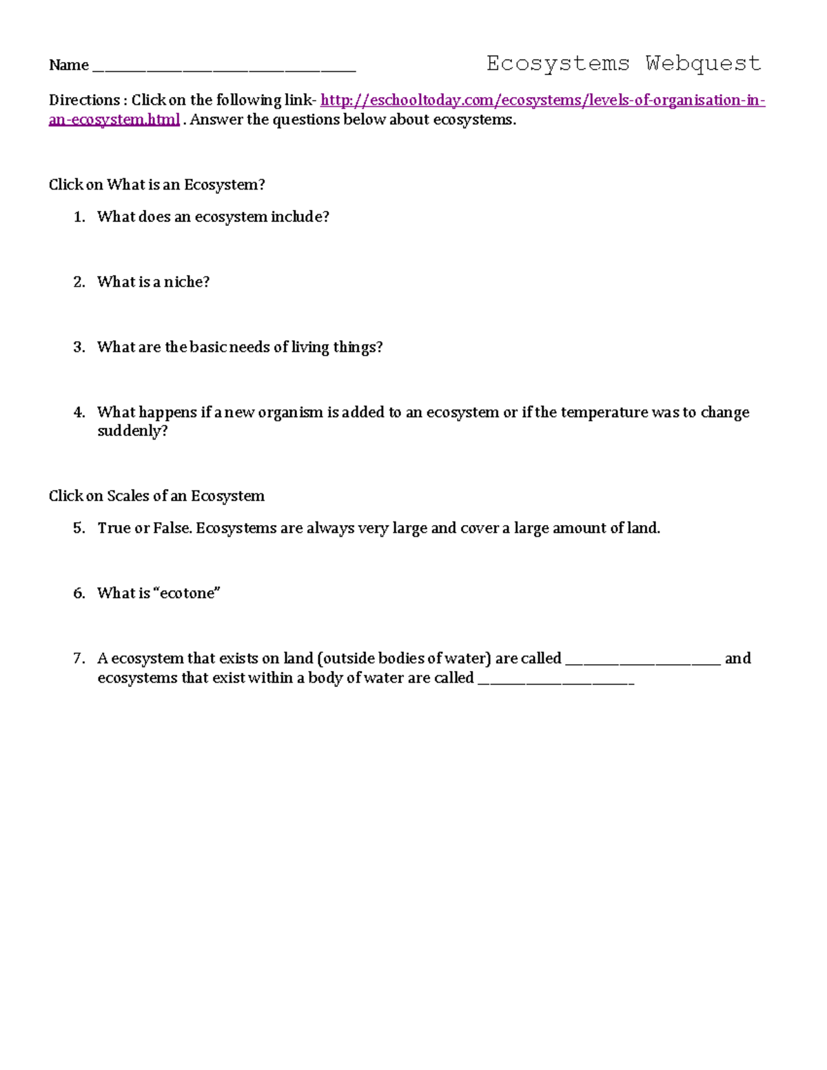 Ecosystem Webquest (2017): Understanding Ecosystems and Biomes - Studocu