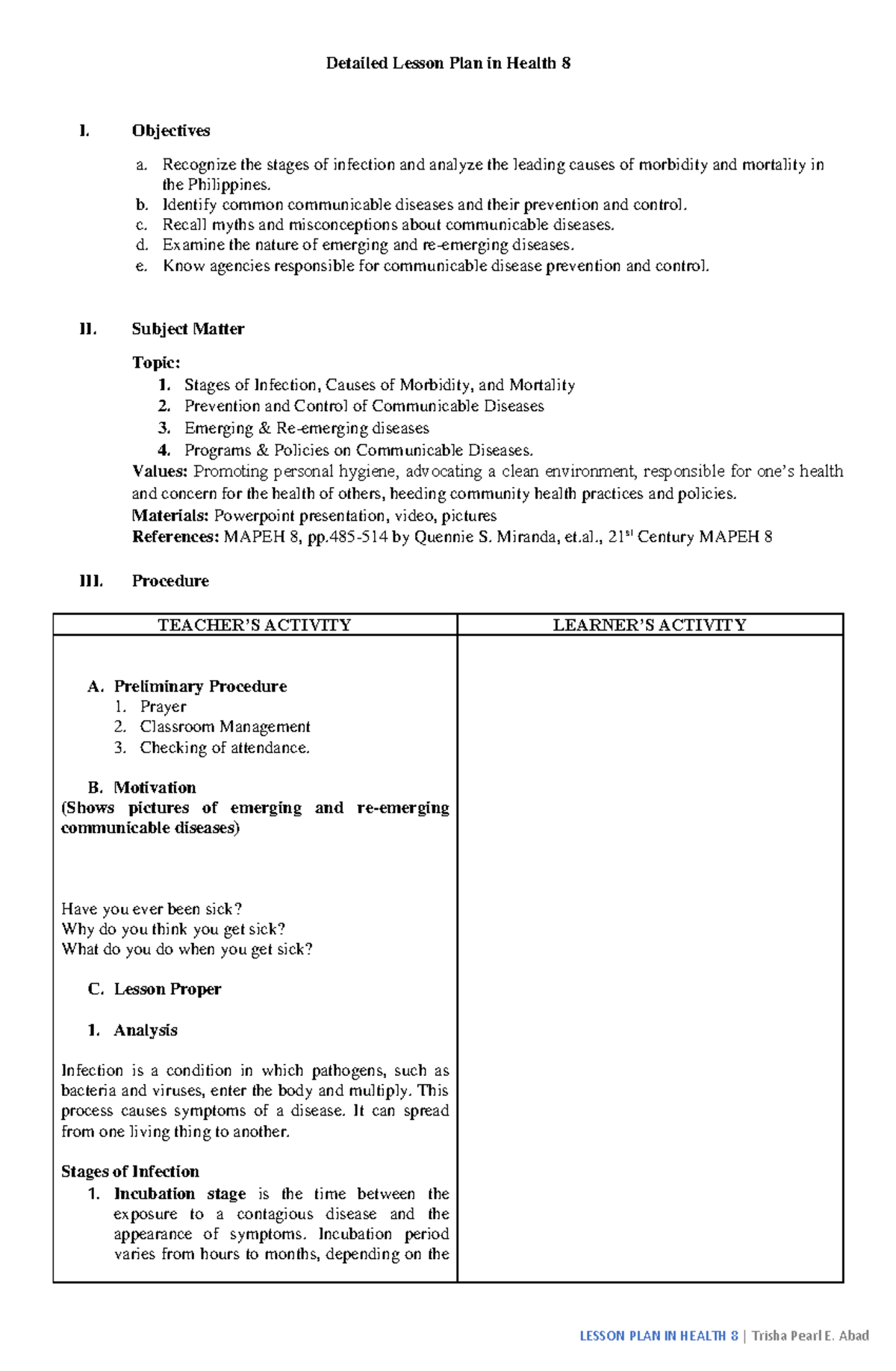Detailed Lesson Plan on Communicable Diseases - Health 8 - Studocu