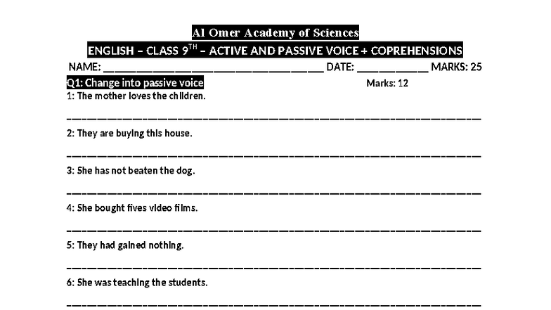 ENGLISH CLASS 9 ACTIVE & PASSIVE VOICE + COMPREHENSIONS - Studocu