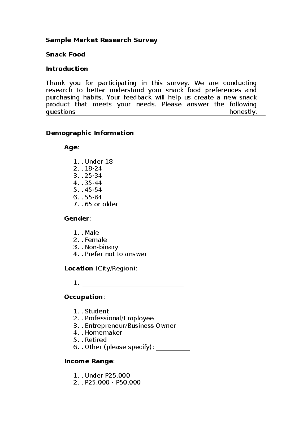 Sample Snack Food Market Research Survey Questionnaire - Studocu