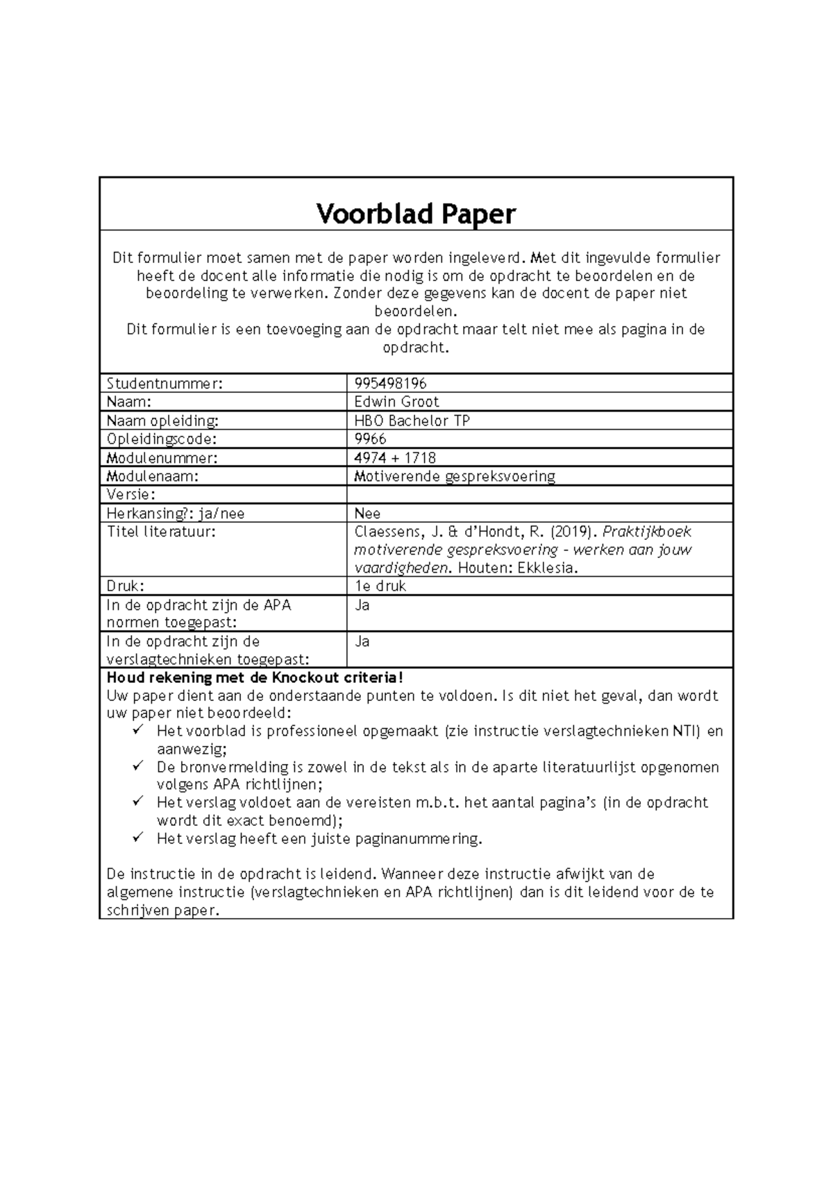 Paper Motiverende Gespreksvoering (Module 4974, HBO Bachelor TP ...