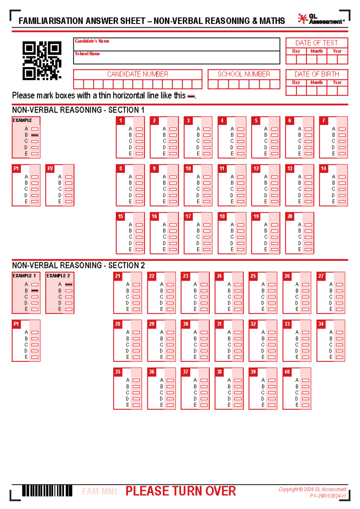 Non-Verbal Reasoning & Maths Answer Sheet - FAMILIARISATION ANSWER ...