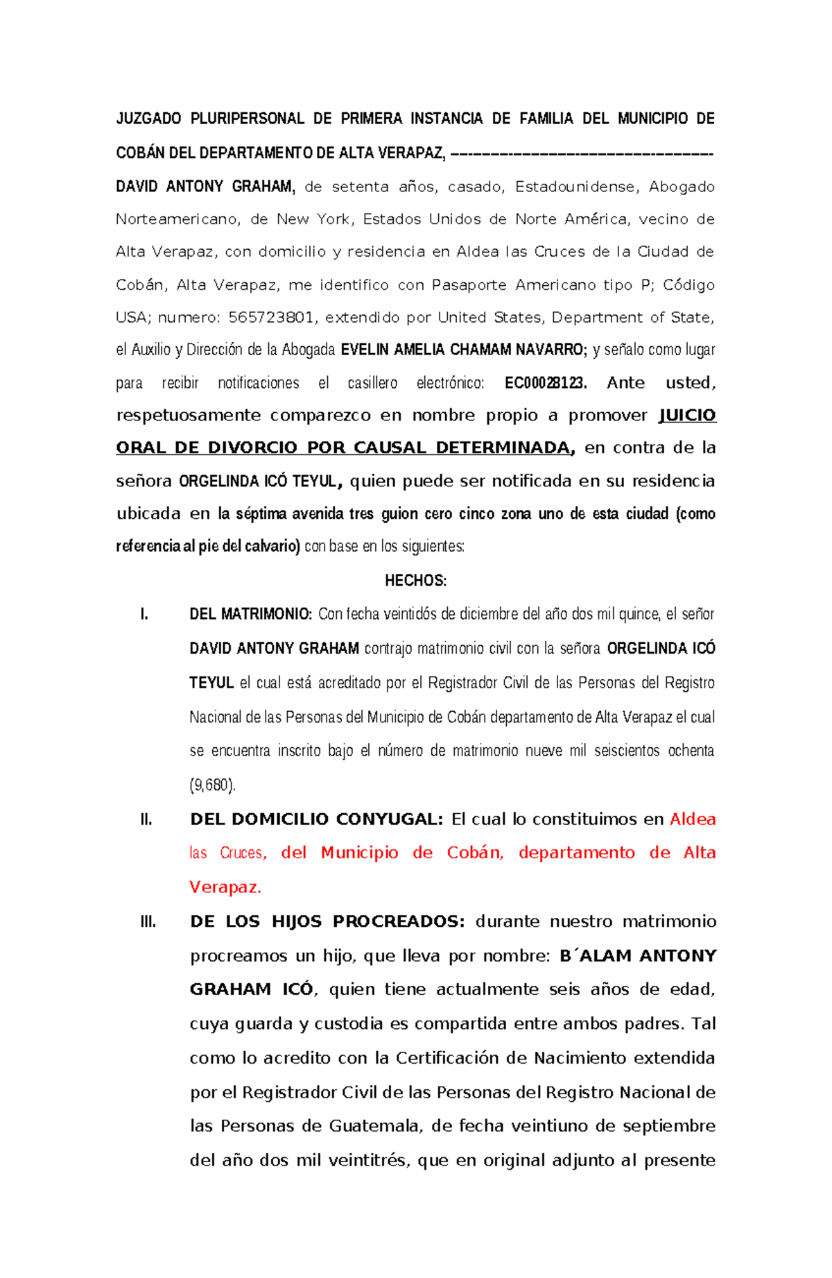 Juicio Oral de Divorcio por Causal Determinada - David Graham vs ...