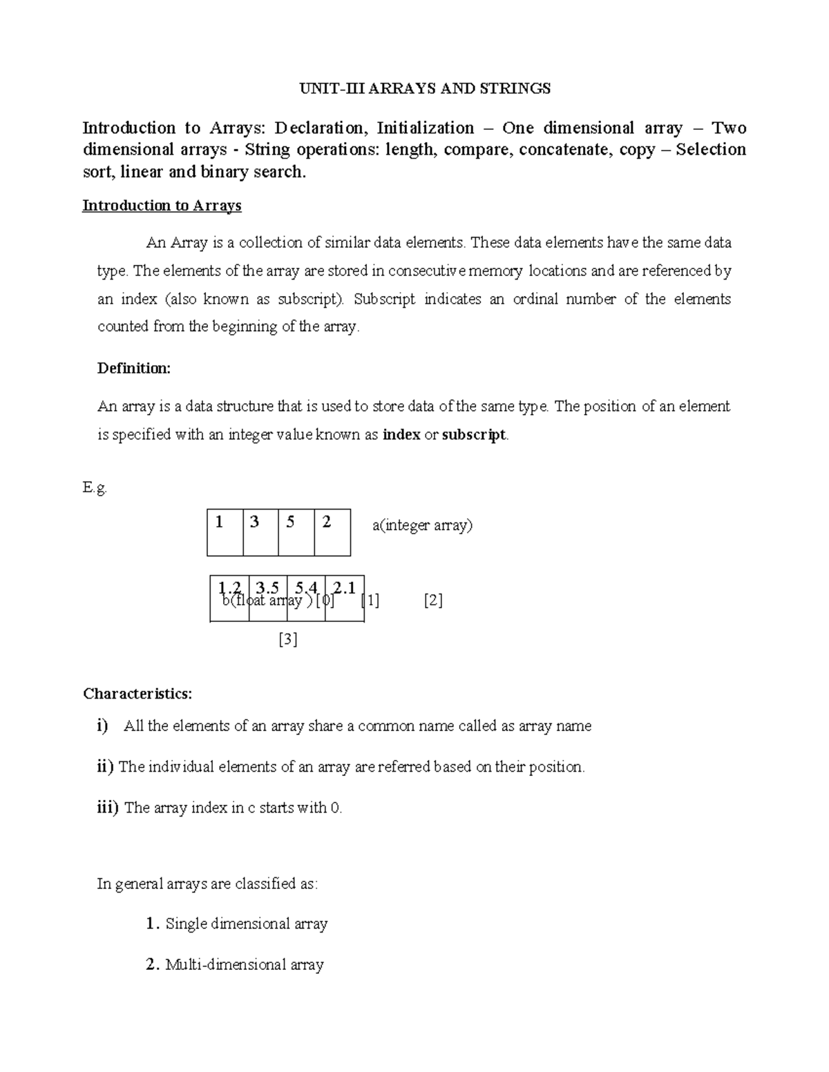 UNIT-III - Arrays and Strings Concepts and Operations - Studocu
