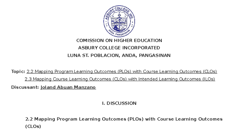 DP subject - Mapping Program Learning Outcomes (PLOs) with Course Learning Outcomes (CLOs) Based ...