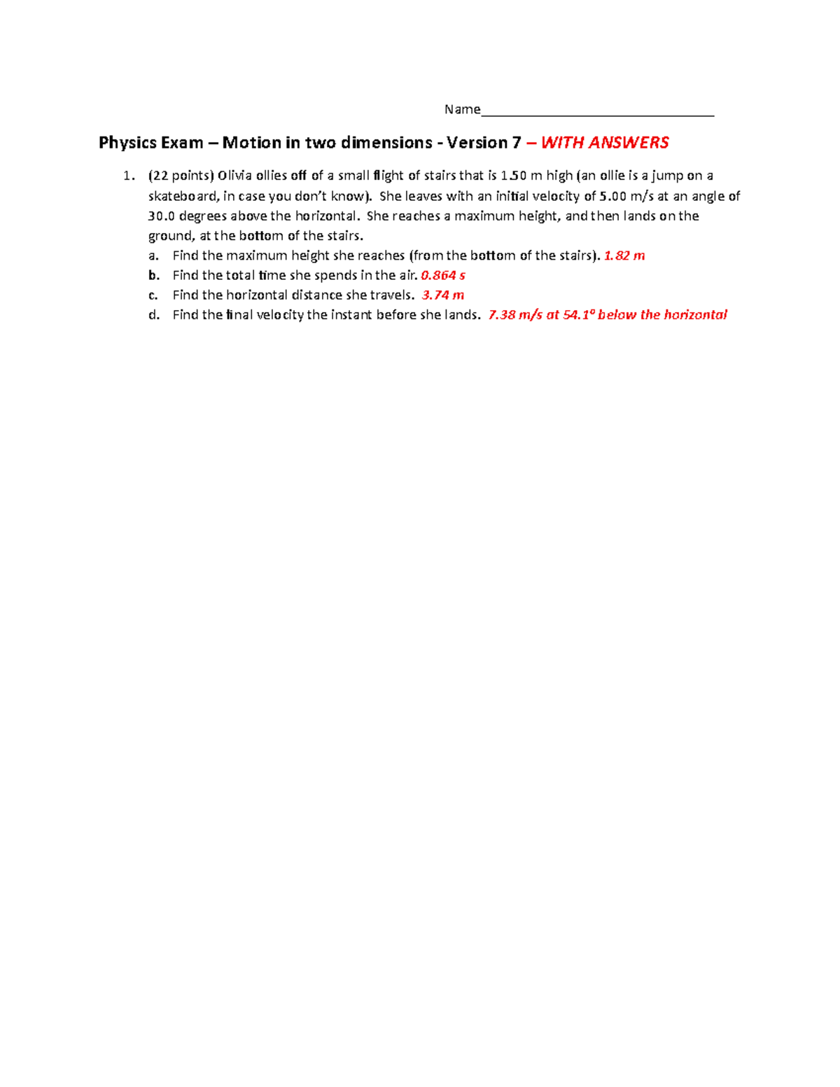 Physics Exam 2 - Motion in Two Dimensions - Version 7 with Answers ...
