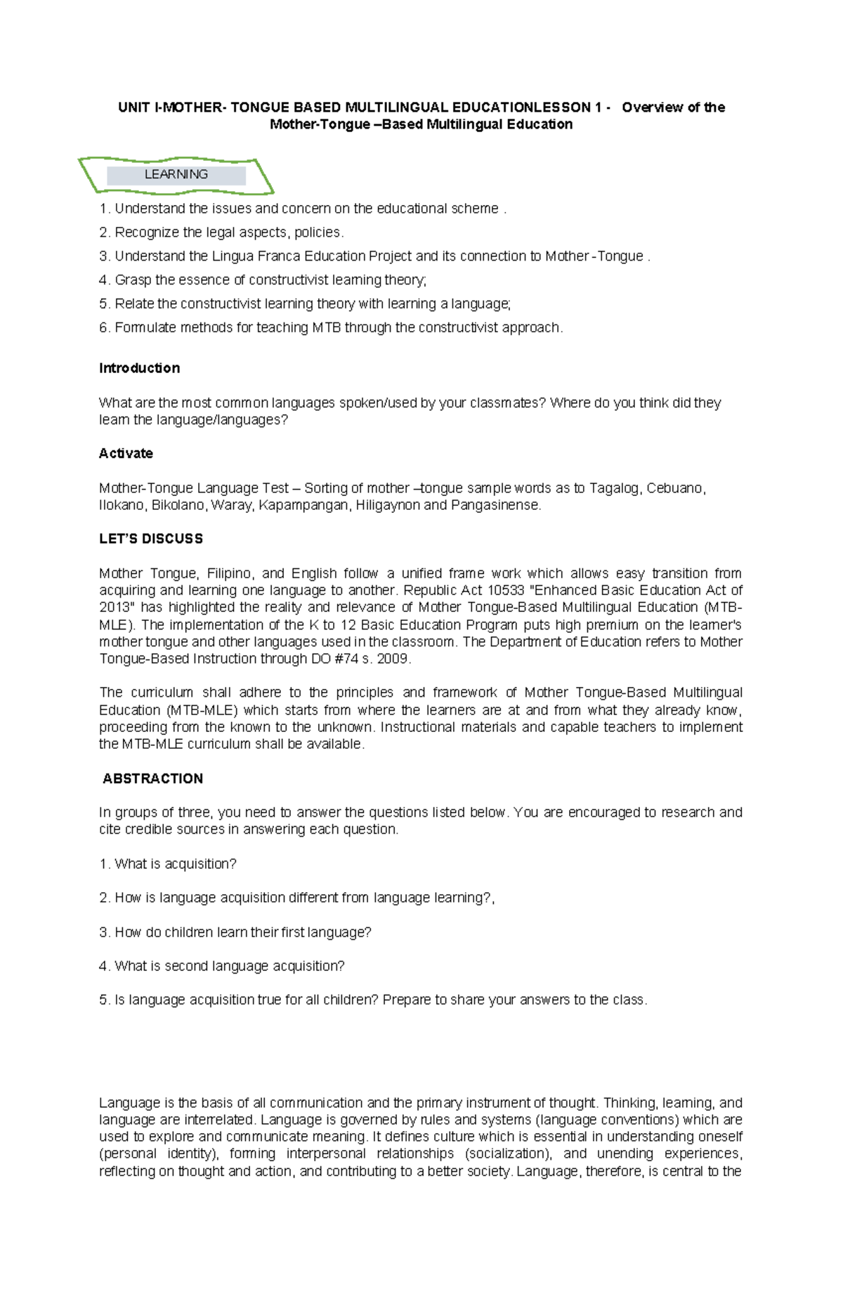 Lesson 1- Overview OF MTB -MLE - UNIT I-MOTHER- TONGUE BASED ...
