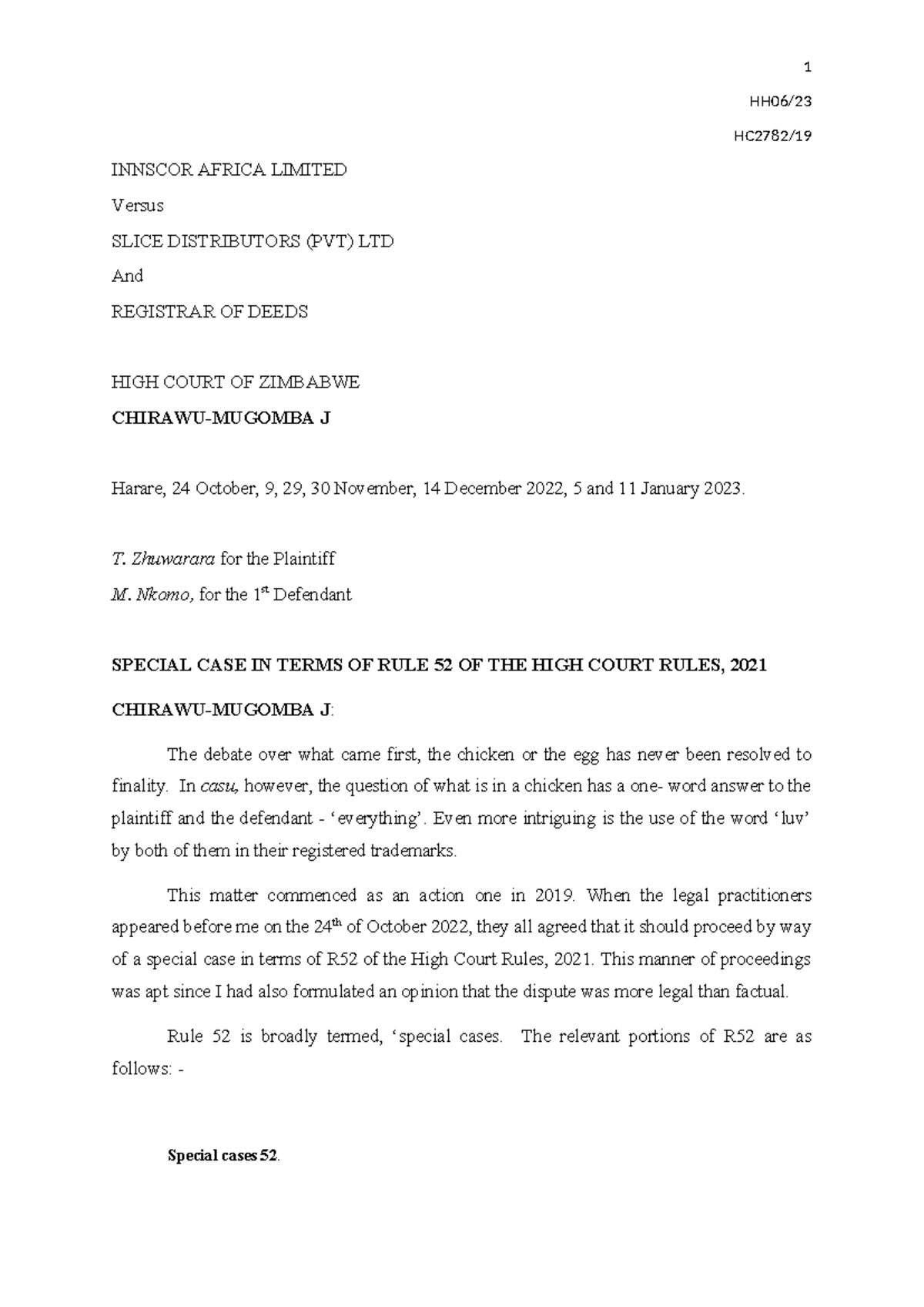 Innscor Africa Ltd v Slice Distributors (Pvt) Ltd: High Court Ruling on ...